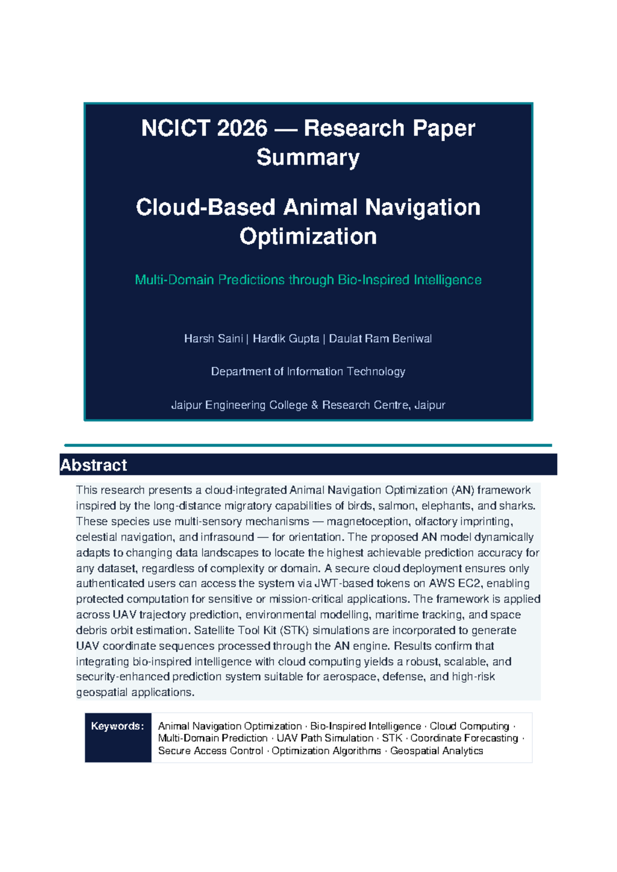 NCICT 2026 Research Paper Summary: Animal Navigation Optimization ...