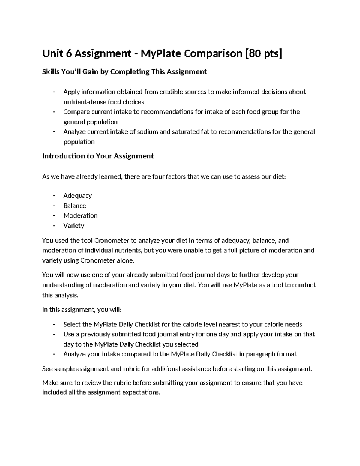 Unit 6 Assignment: MyPlate Food Group Analysis & Comparison - Studocu