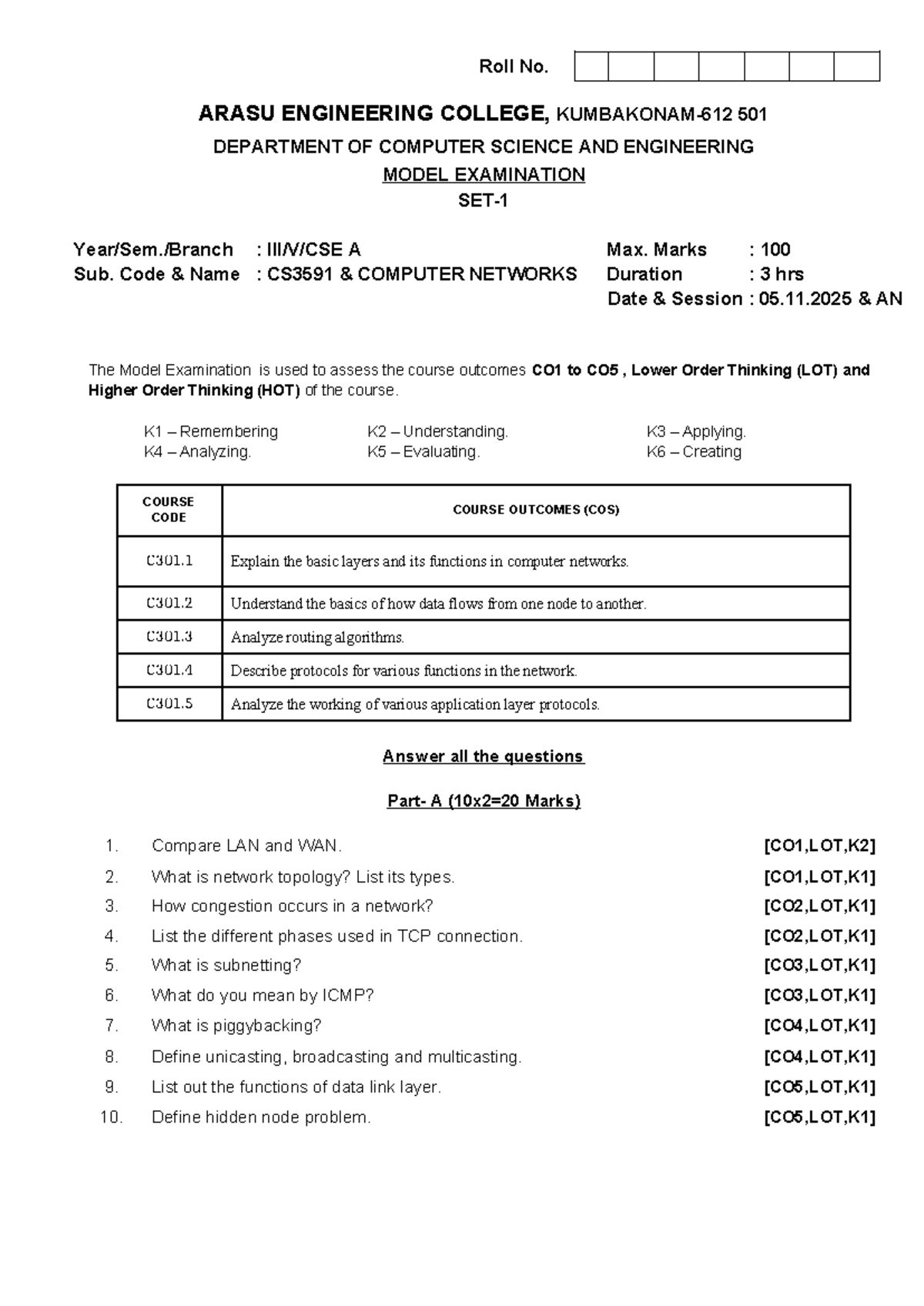 CS3591 Model Exam: Computer Networks - CSE Set 1 - Studocu