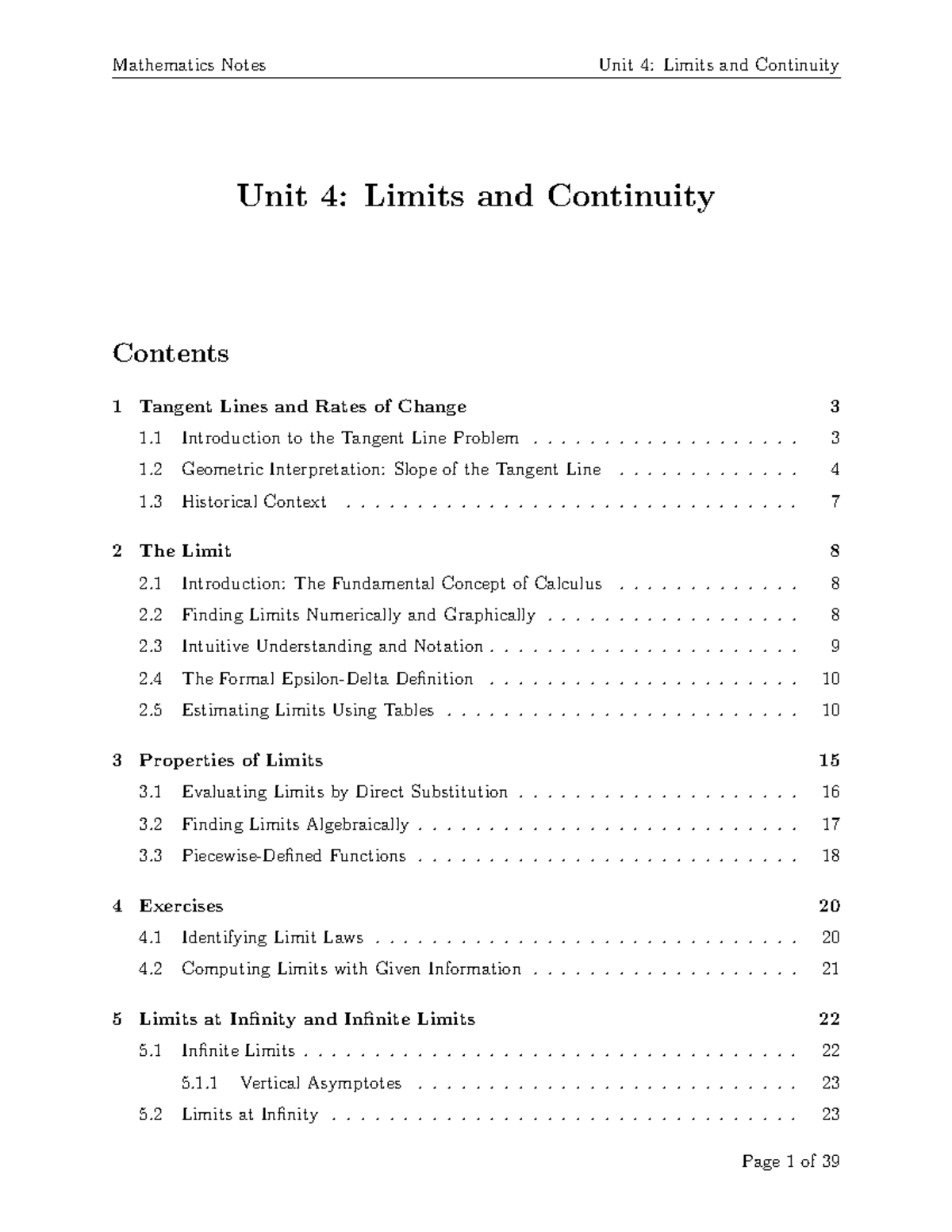 Mathematics Notes: Unit 4 - Limits and Continuity Overview - Studocu