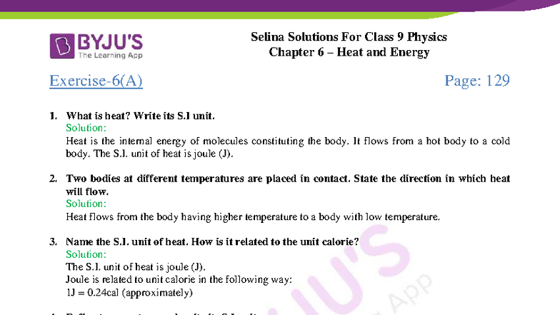 Selina Solutions for Class 9 Physics: Chapter 6 - Heat and Energy - Studocu