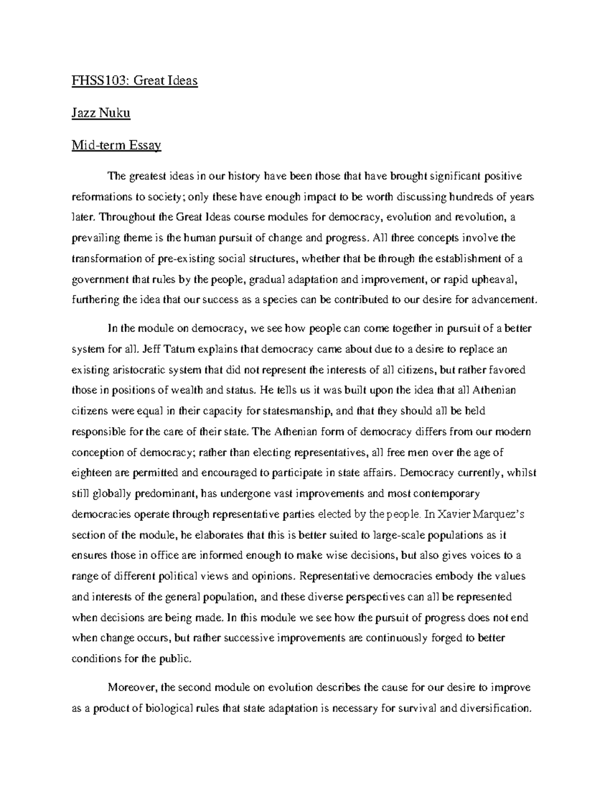 FHSS103 - Mid-Term Essay on Great Ideas: Democracy, Evolution, and ...