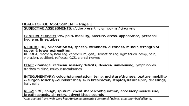 NURS 101: Comprehensive Assessment Cards for Patient Evaluation - Studocu