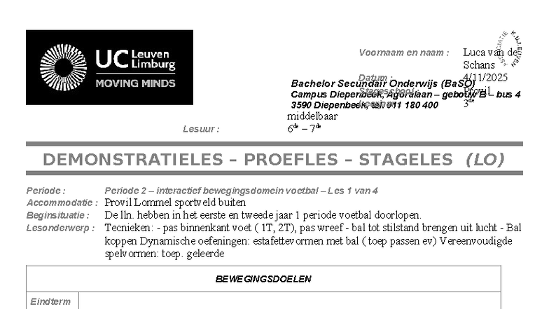 Voetbal Les 1 van 4 - Bachelor Secundair Onderwijs (BaSO) - Studocu