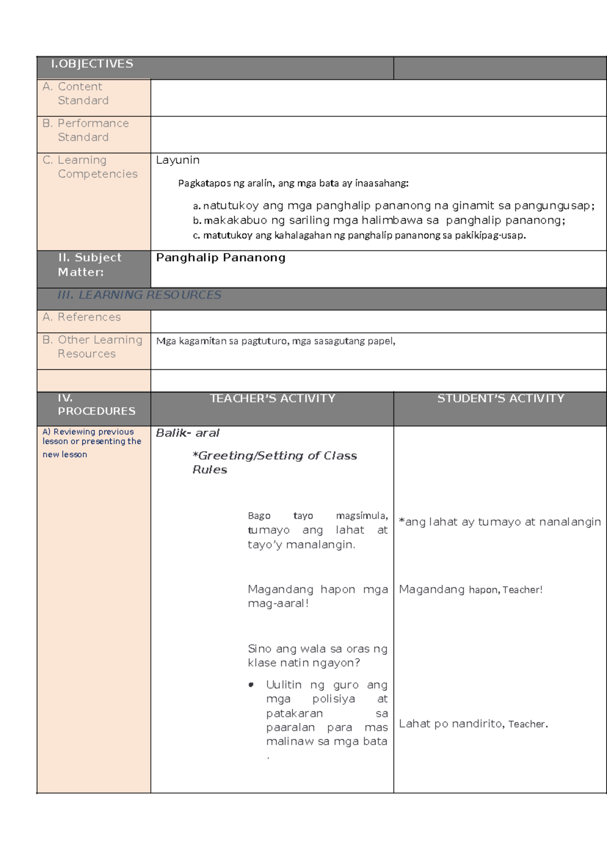 Detailed Lesson Plan MTB MLE - Panghalip Pananong Activities - Studocu