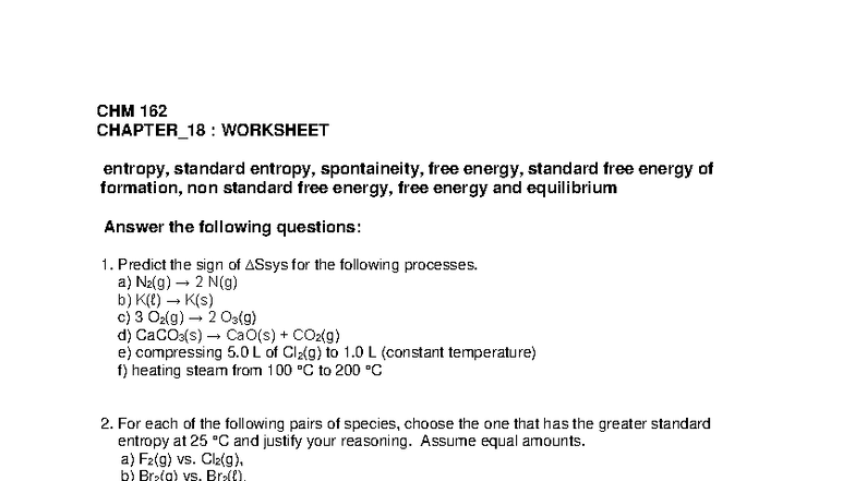CHM 162 CHAPTER 18: WORKSHEET on Entropy, Free Energy & Spontaneity ...