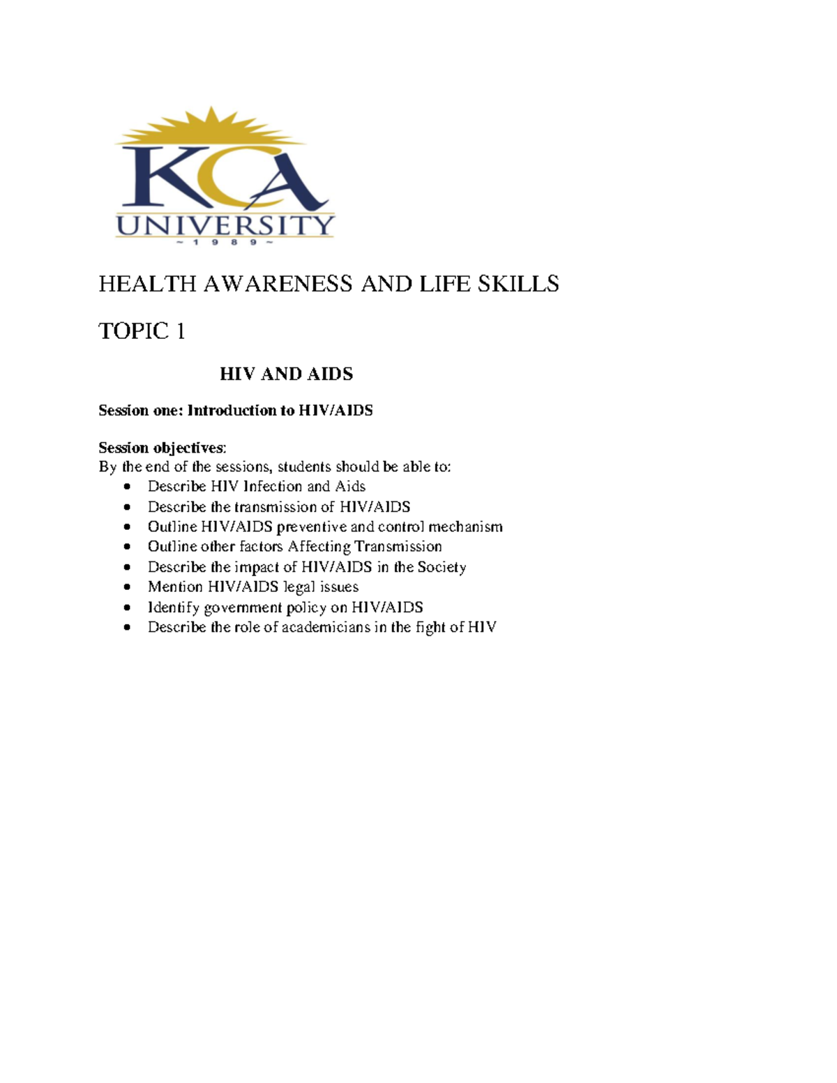 HLS 101 Lecture Notes: Health Awareness & HIV/AIDS Understanding - Studocu