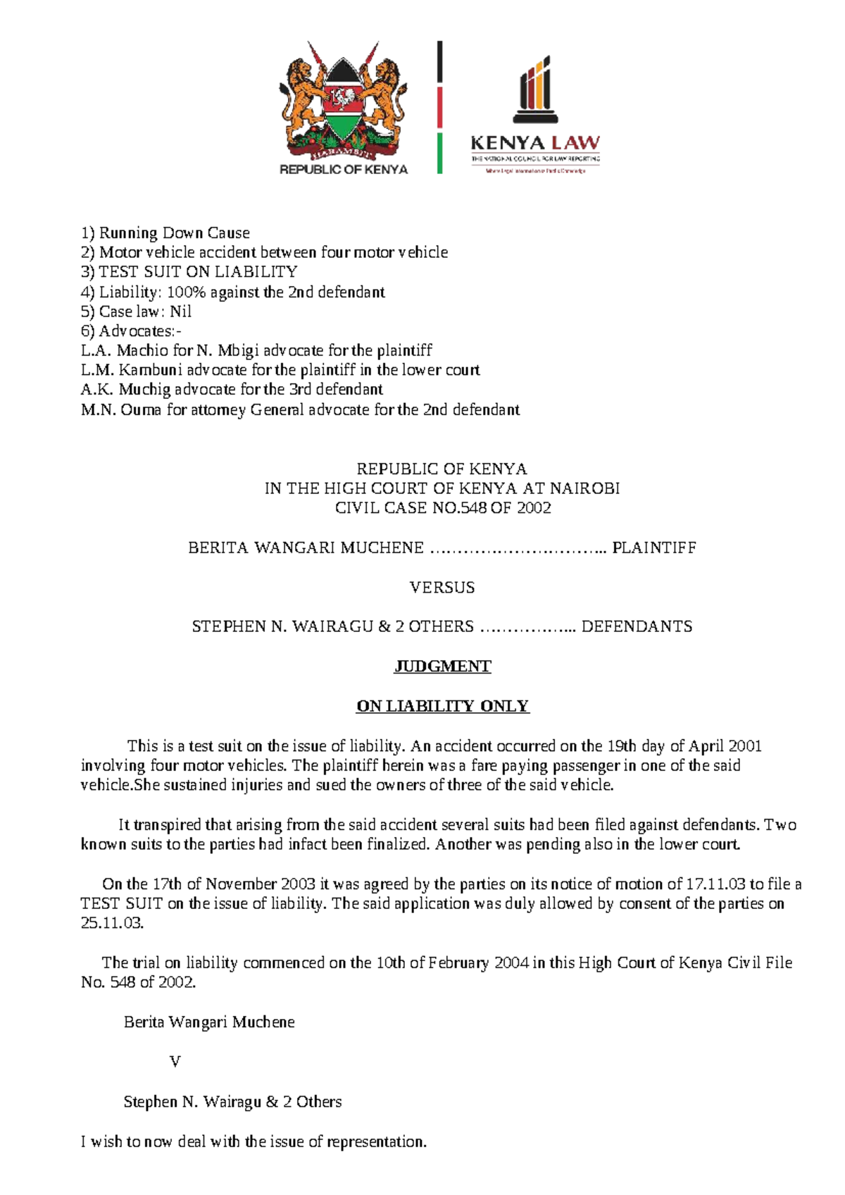 Case Study: Berita Wangari Muchene v Stephen N. Wairagu & Others (Civil ...