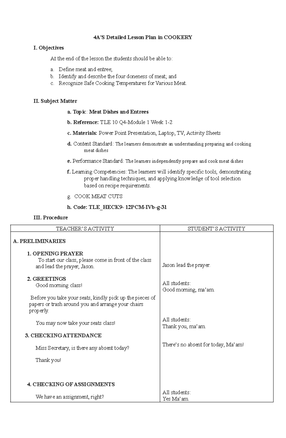 Detailed lesson plan for COOKERY I: Understanding meat and doneness ...