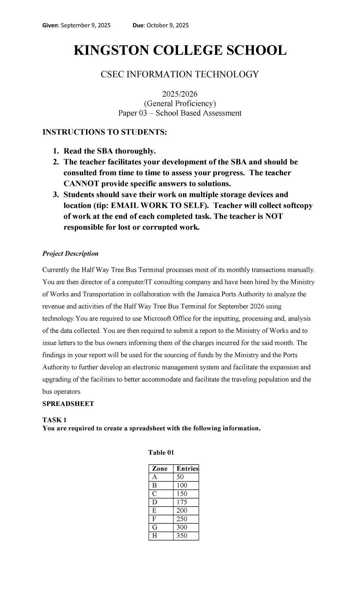 SBA Spreadsheet Analysis for CSEC IT (Paper 03) 2025-2026 - Studocu