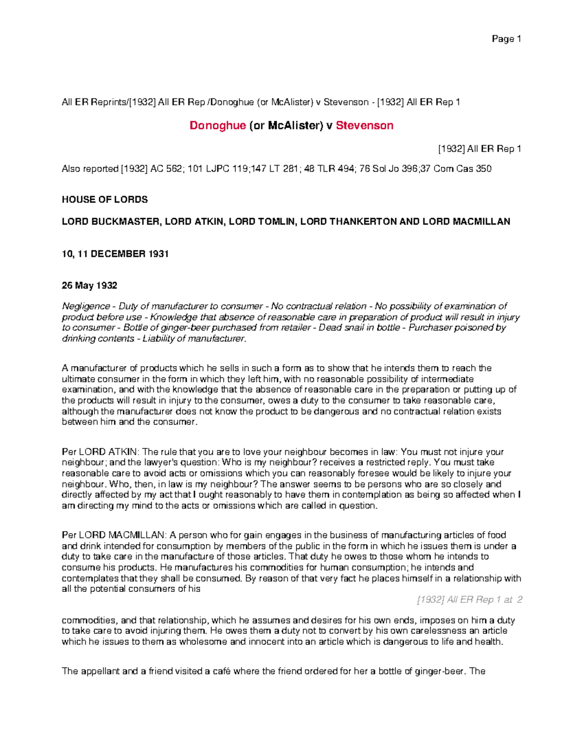 Donoghue (or McAlister) v Stevenson Case Study - [1932] All ER Rep 1 ...
