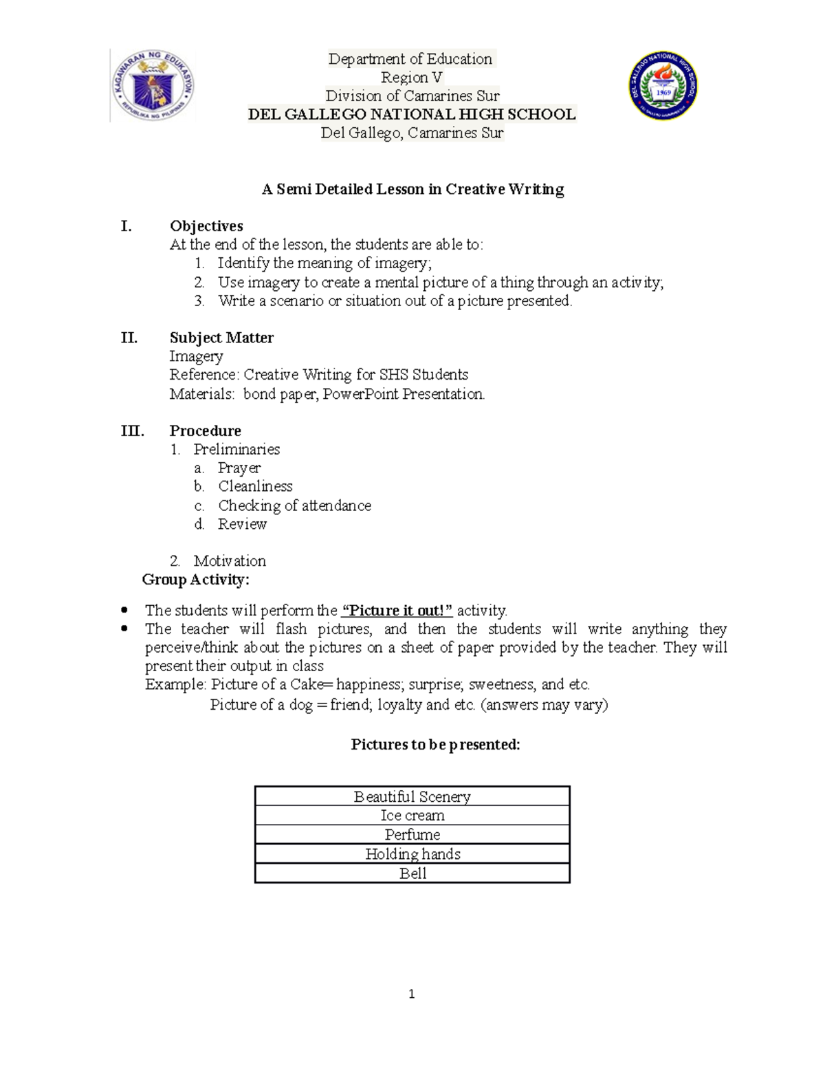 Semi-Detailed Lesson Plan on Imagery for Creative Writing (CW 101 ...