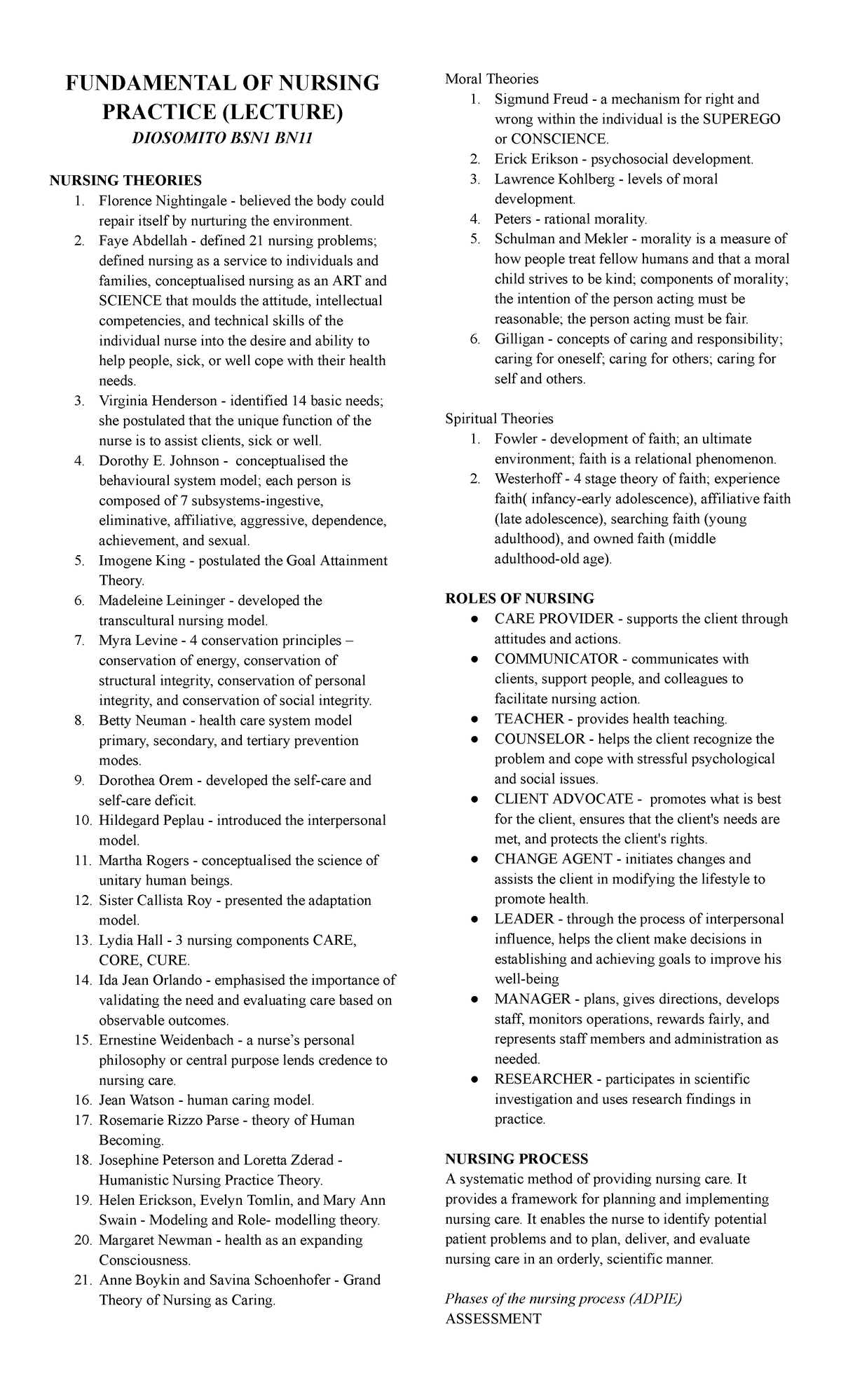 Funda (lecture) - FUNDAMENTAL OF NURSING PRACTICE (LECTURE) DIOSOMITO ...