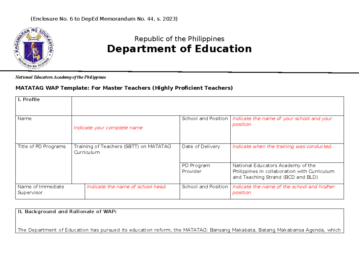 MATATAG WAP Template for Master Teachers (DepEd Memorandum No. 44, s ...