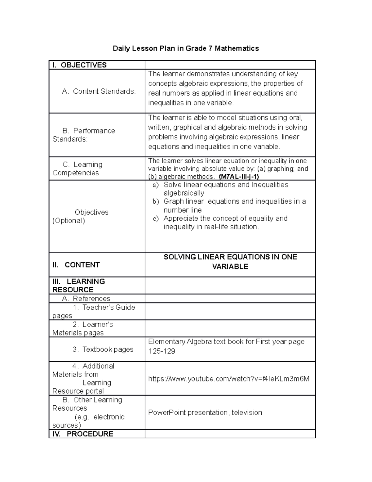 Grade 7 Math Lesson Plan: Graphing Linear Inequalities (M7AL-IIi-j-1 ...