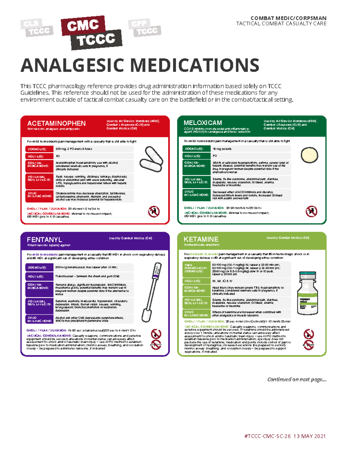 TCCC-CMC-SC-26: Comprehensive Cheat Sheet for Analgesic Meds - Studocu