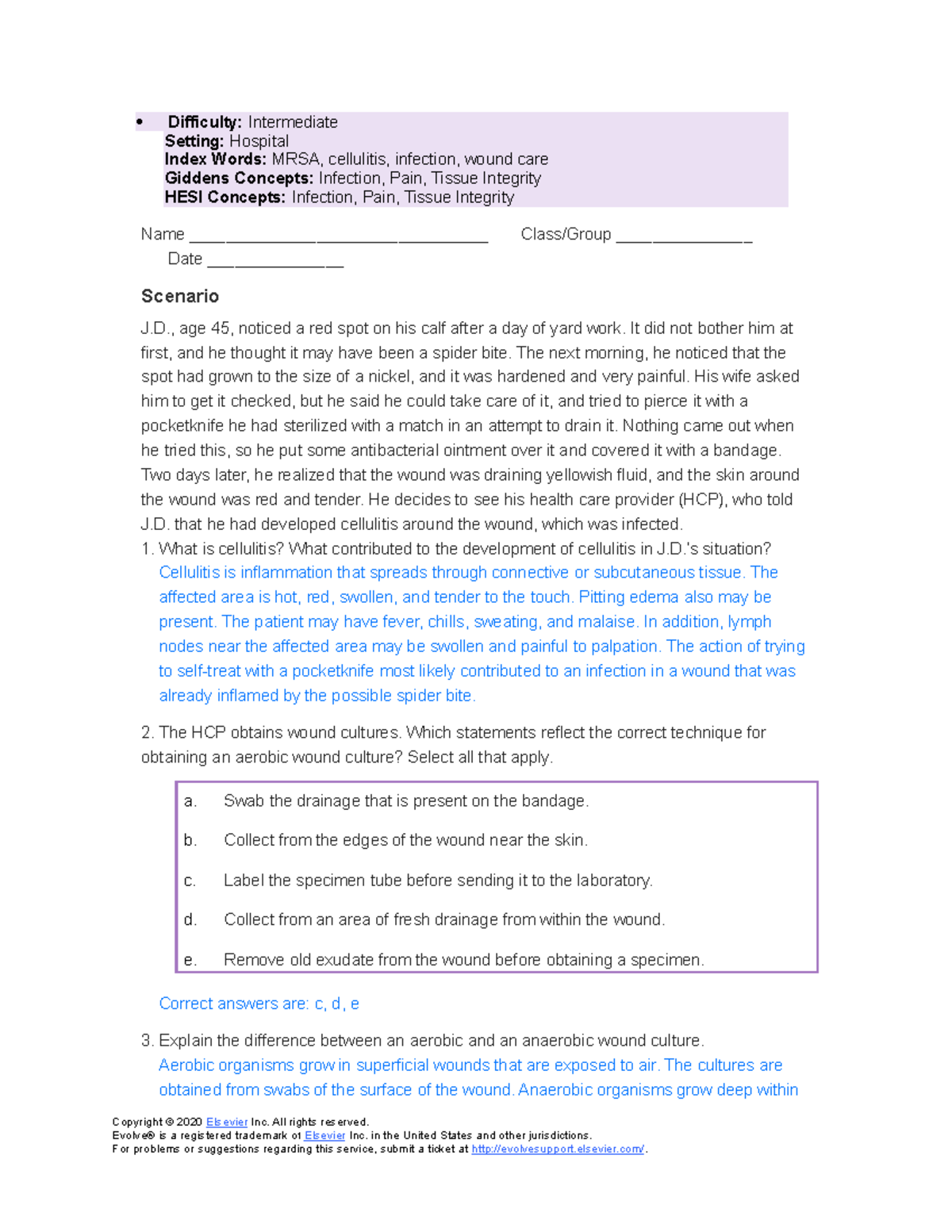MRSA Cellulitis Case Study & Answer Sheet - HESI Review - Studocu