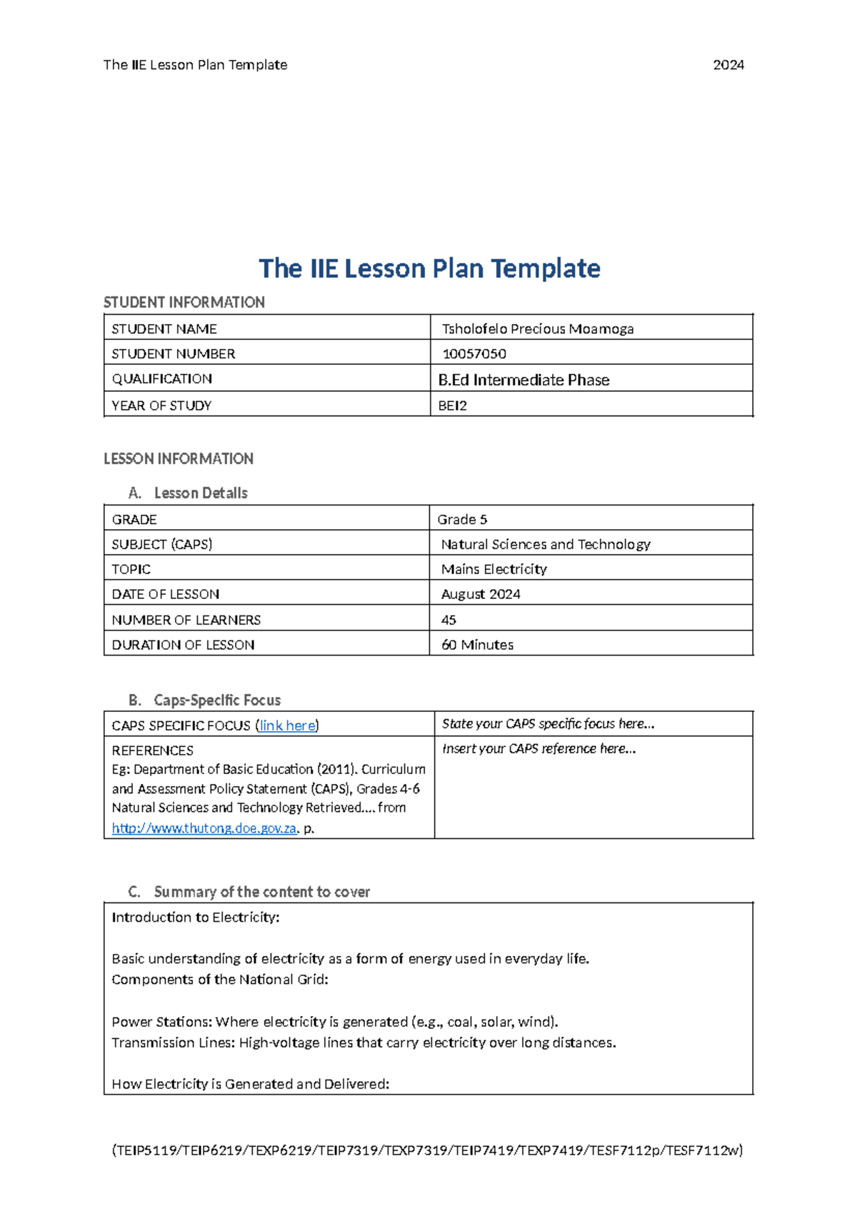 NST. Grade 5 Natural Sciences Lesson on National Grid Electricity - Studocu