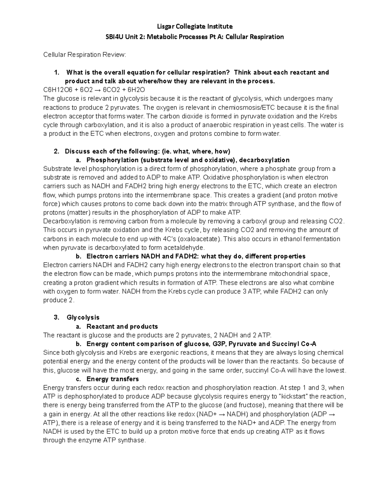Cellular Respiration Unit Review - Lisgar Collegiate Institute SBI4U ...
