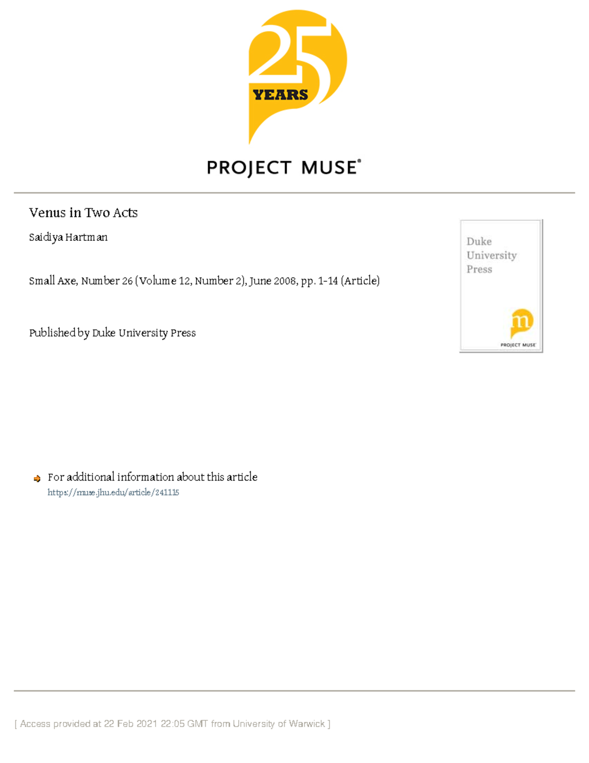 Venus in Two Acts: Exploring Enslaved Girls' Lives and Deaths (SX26 ...