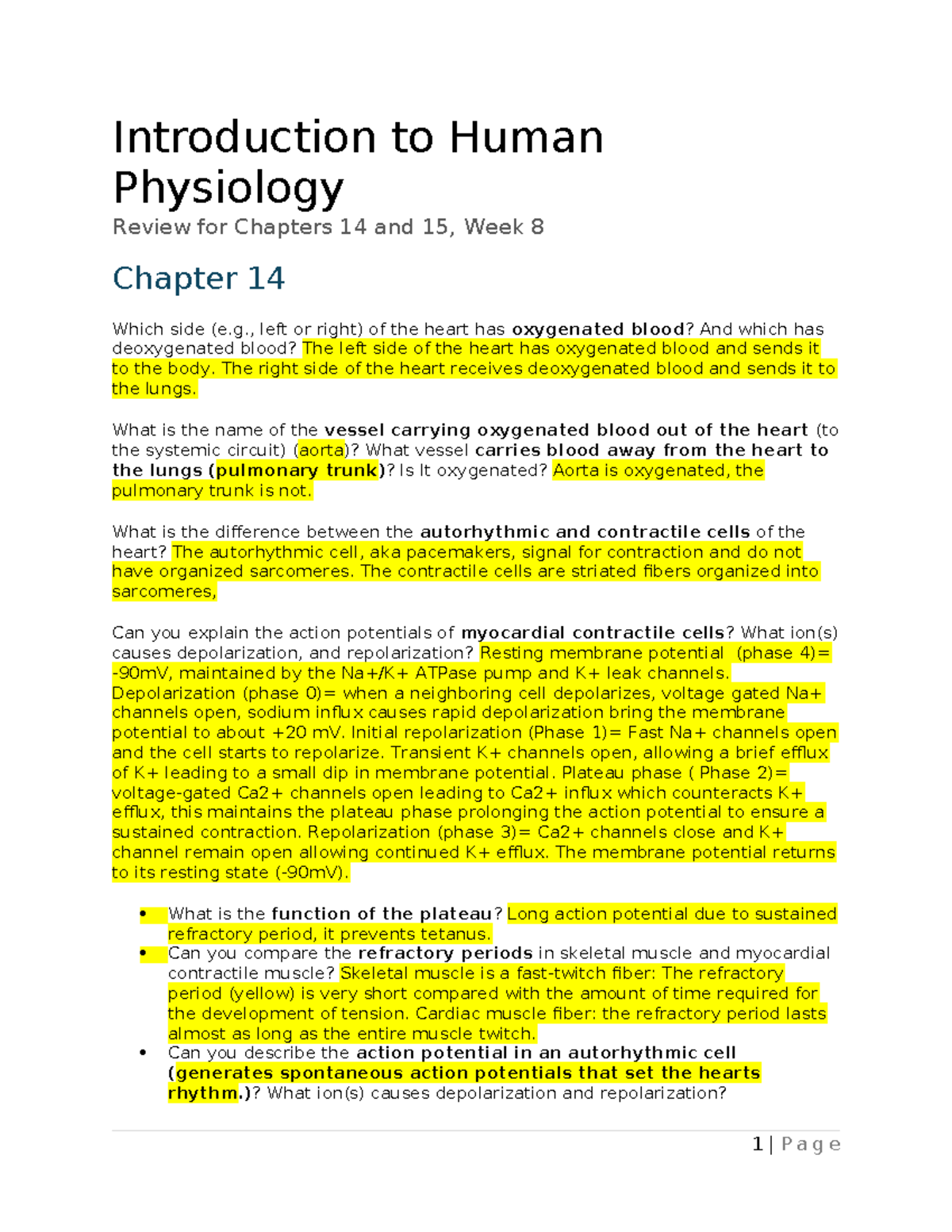 Week 8 Study Guide: Human Physiology Review for Chapters 14 & 15 - Studocu