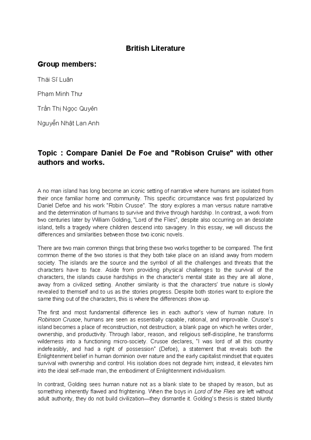 Comparative Analysis of Defoe and Golding in British Lit (ENG 101 ...