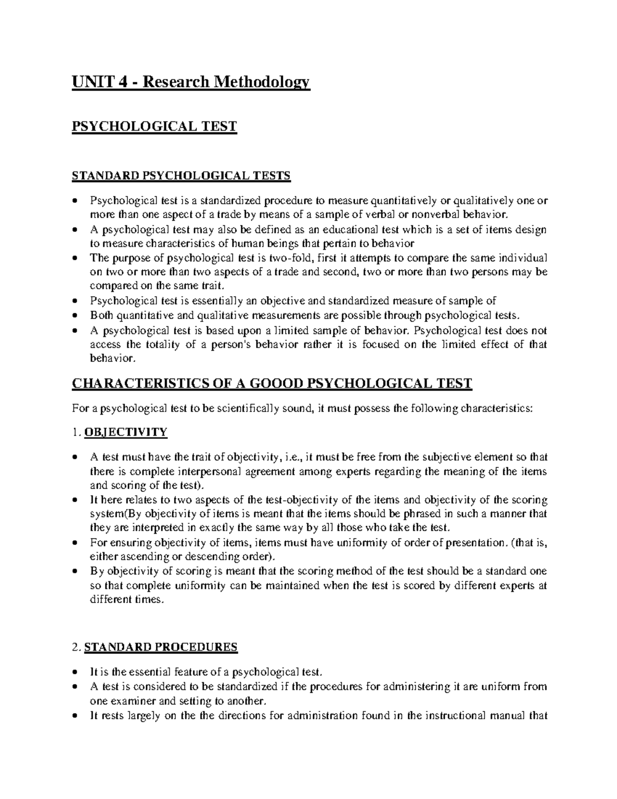 UNIT 4 Research Methodology: Understanding Psychological Tests and ...
