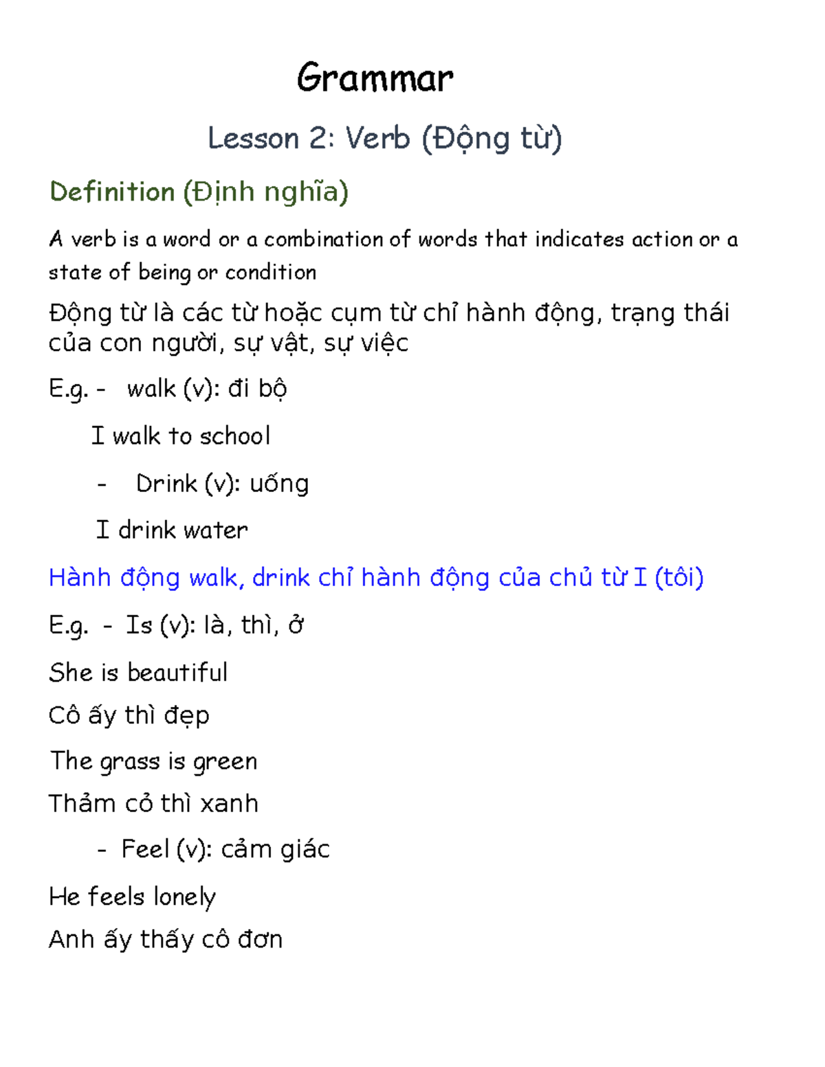 Grammar Lesson 2: Understanding Verbs (Động từ) and Their Types - Studocu