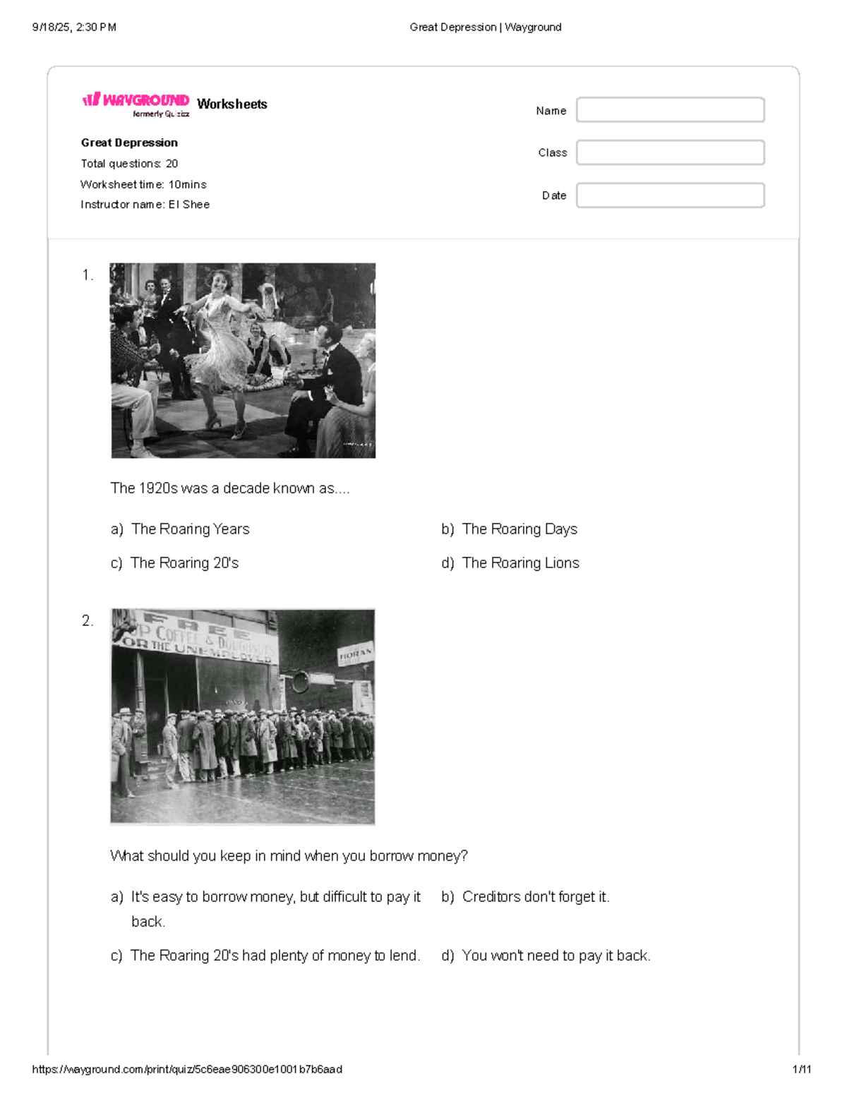 Great Depression Worksheets (Class 2:30 PM) - 20 Questions - Studocu