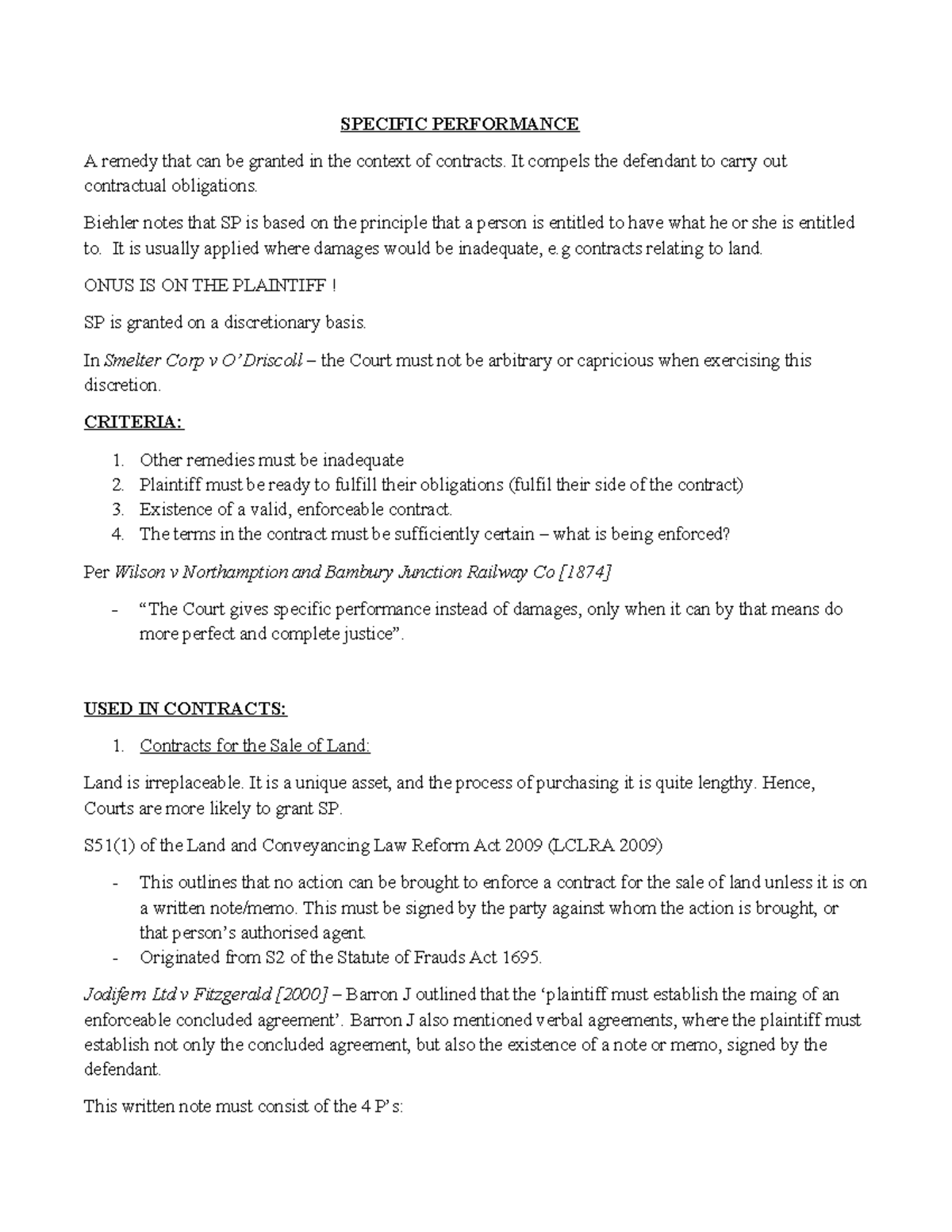 Specific Performance - Exam Notes (Law 101) - Studocu
