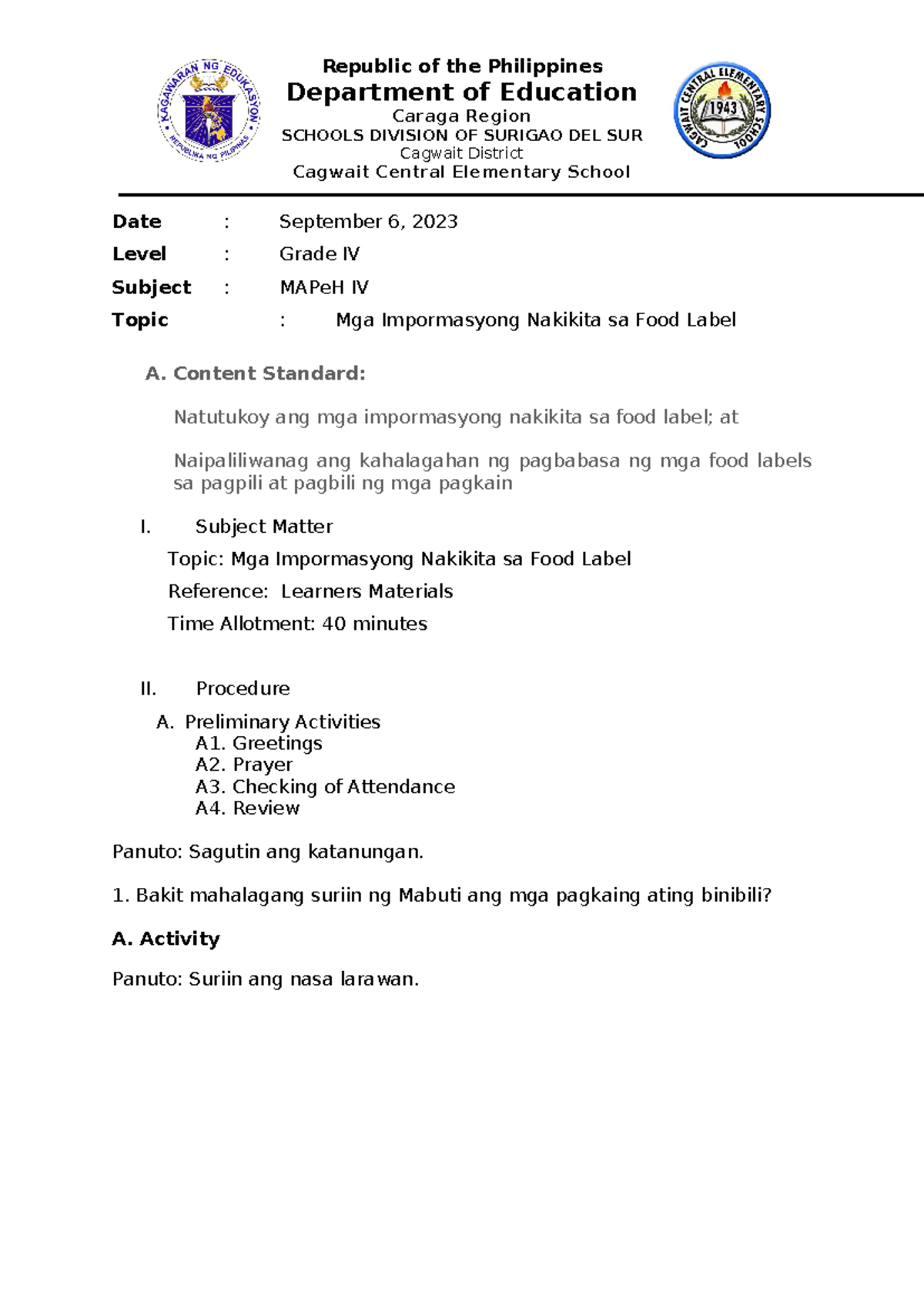 Health Food Labels - lesson plan - Republic of the Philippines ...