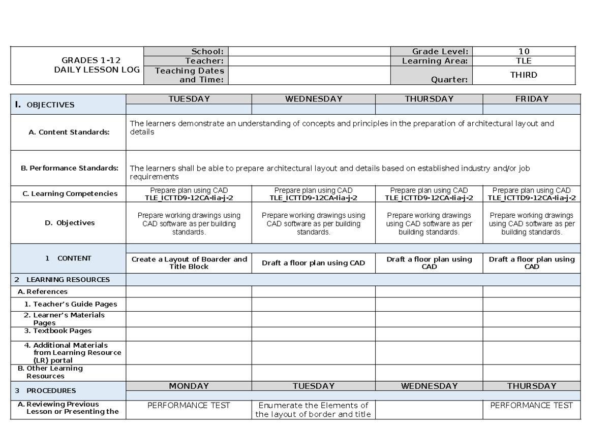 Drafting 10-Q3-W2 - GRADES 1- DAILY LESSON LOG School: Grade Level: 10 Teacher: Learning Area ...