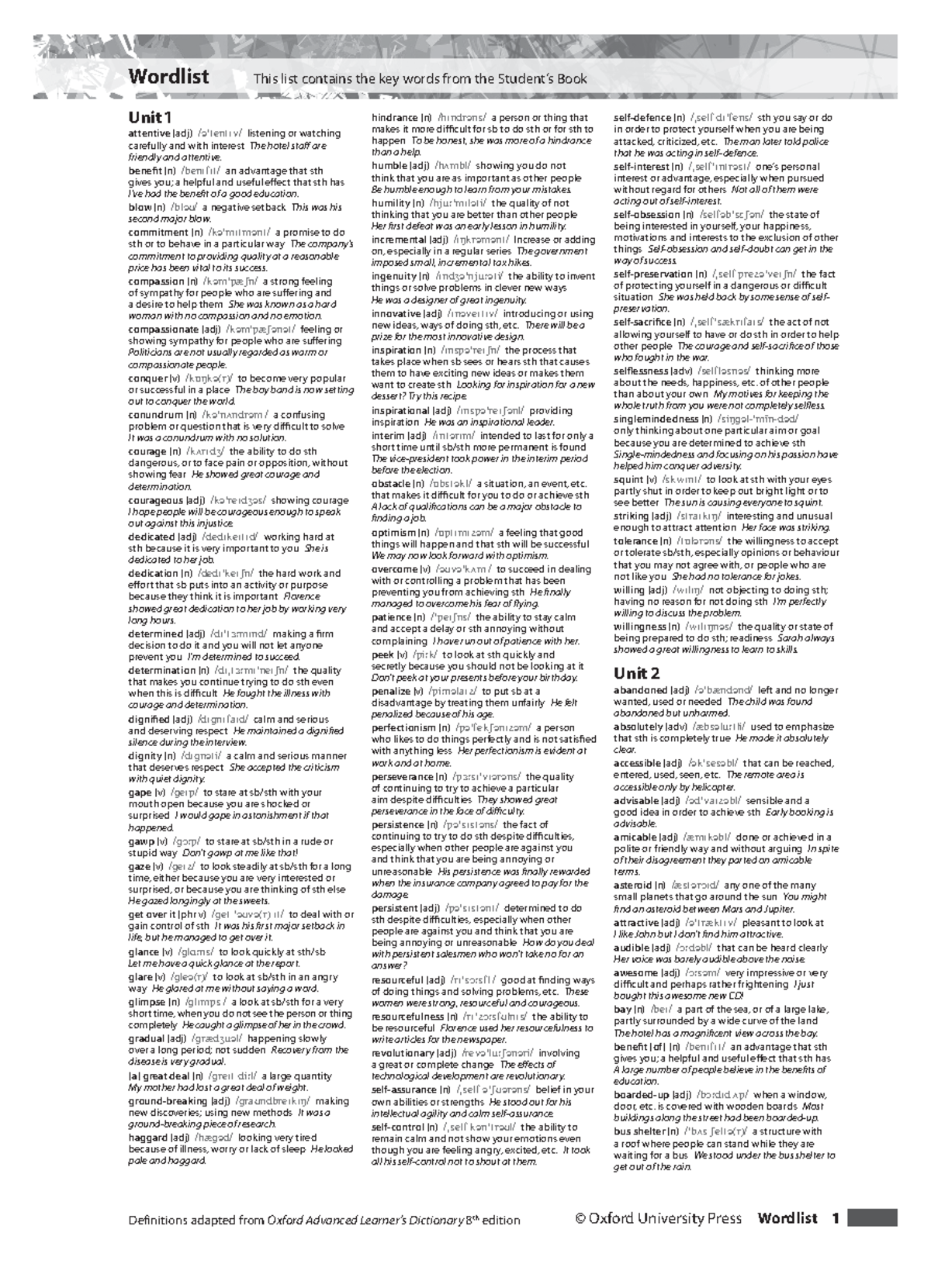 Insight Upper-Intermediate: Essential Wordlist for Unit 1 and 2 - Studocu