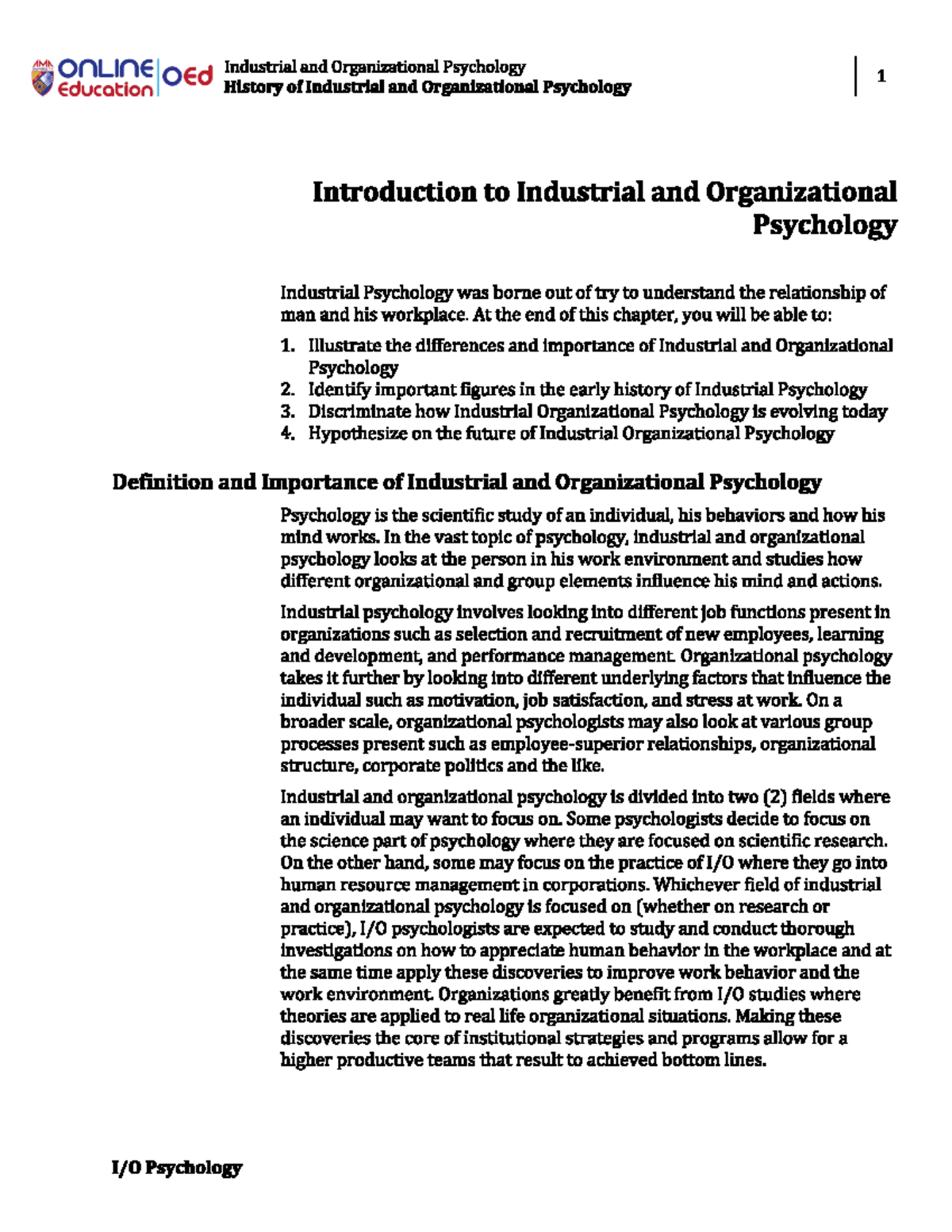Module 1 - ONLINE OEd Industrial and Organizational Psychology 1 ...