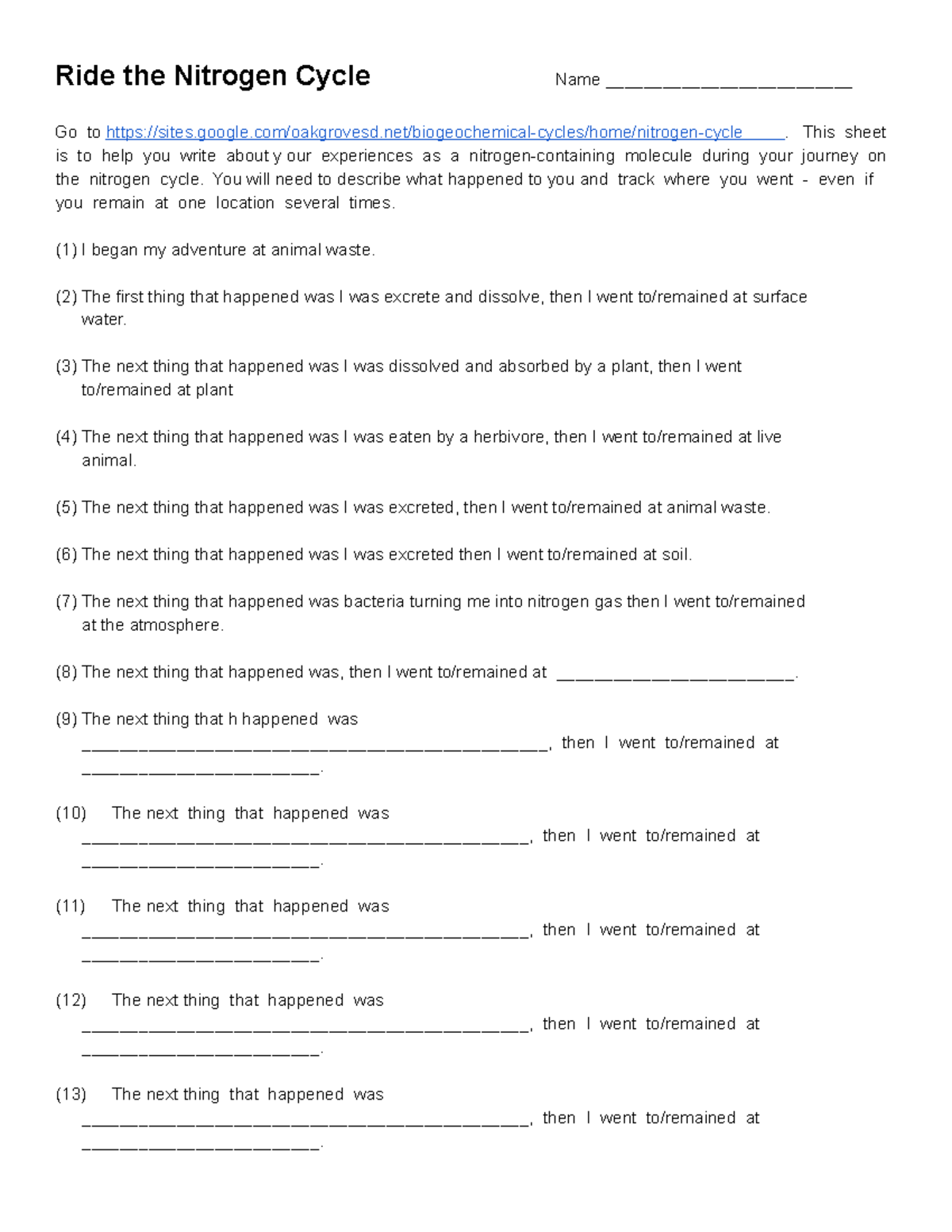 Nitrogen Cycle Journey: Molecule Experience Sheet - Studocu