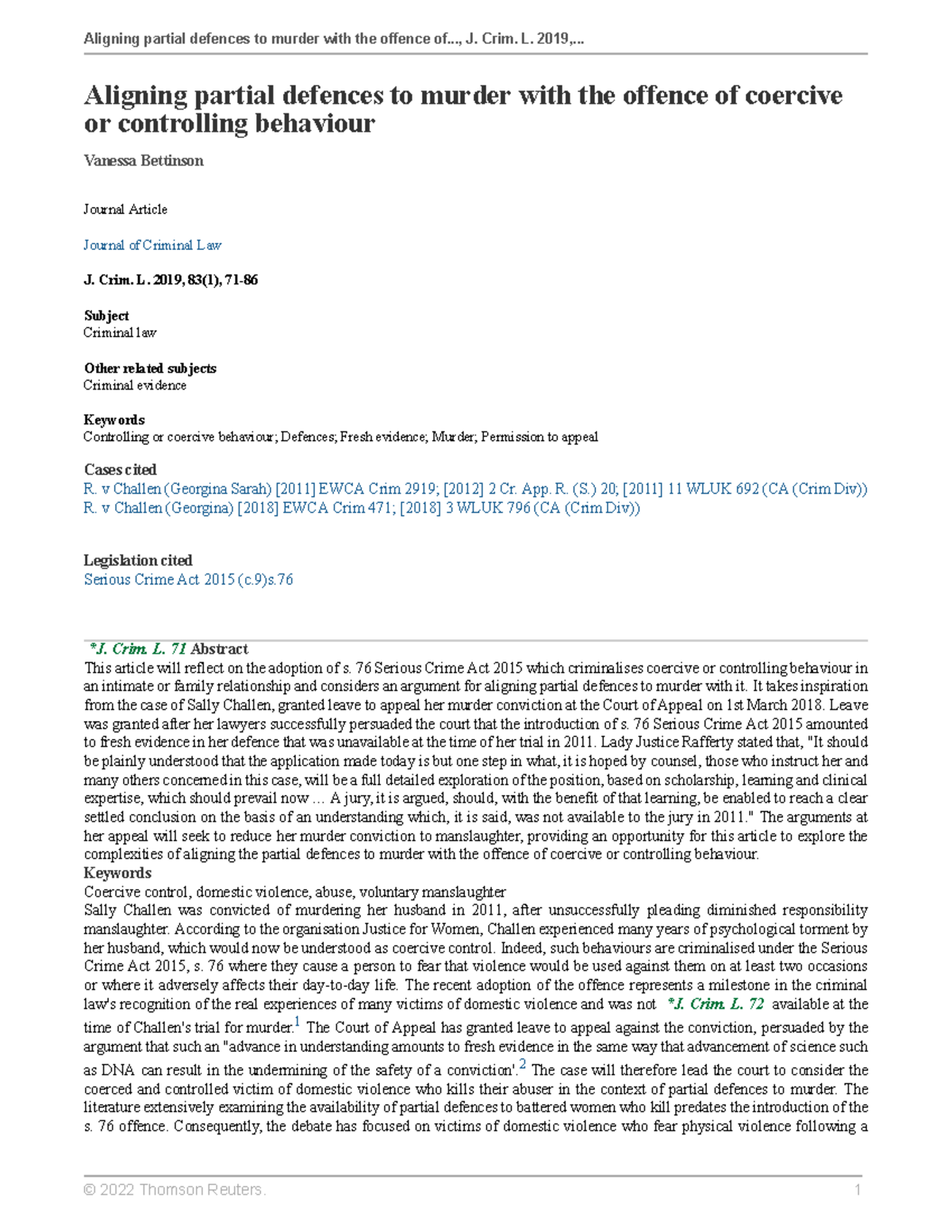 Aligning Partial Defences to Murder with Coercive Control: An Analysis ...