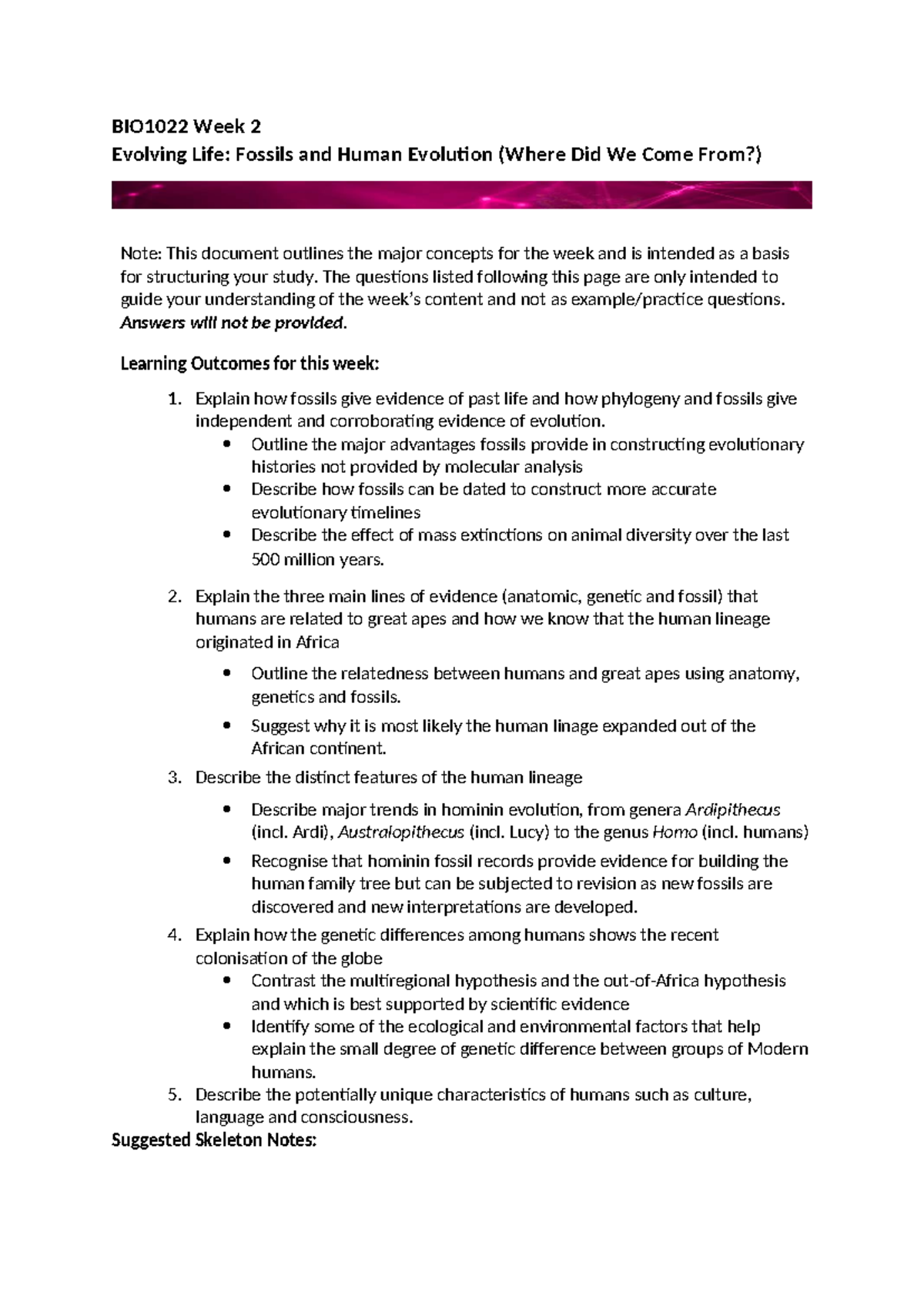 Week 2 Study Guide - week 2 summarised lecture notes - BIO1022 Week 2 ...
