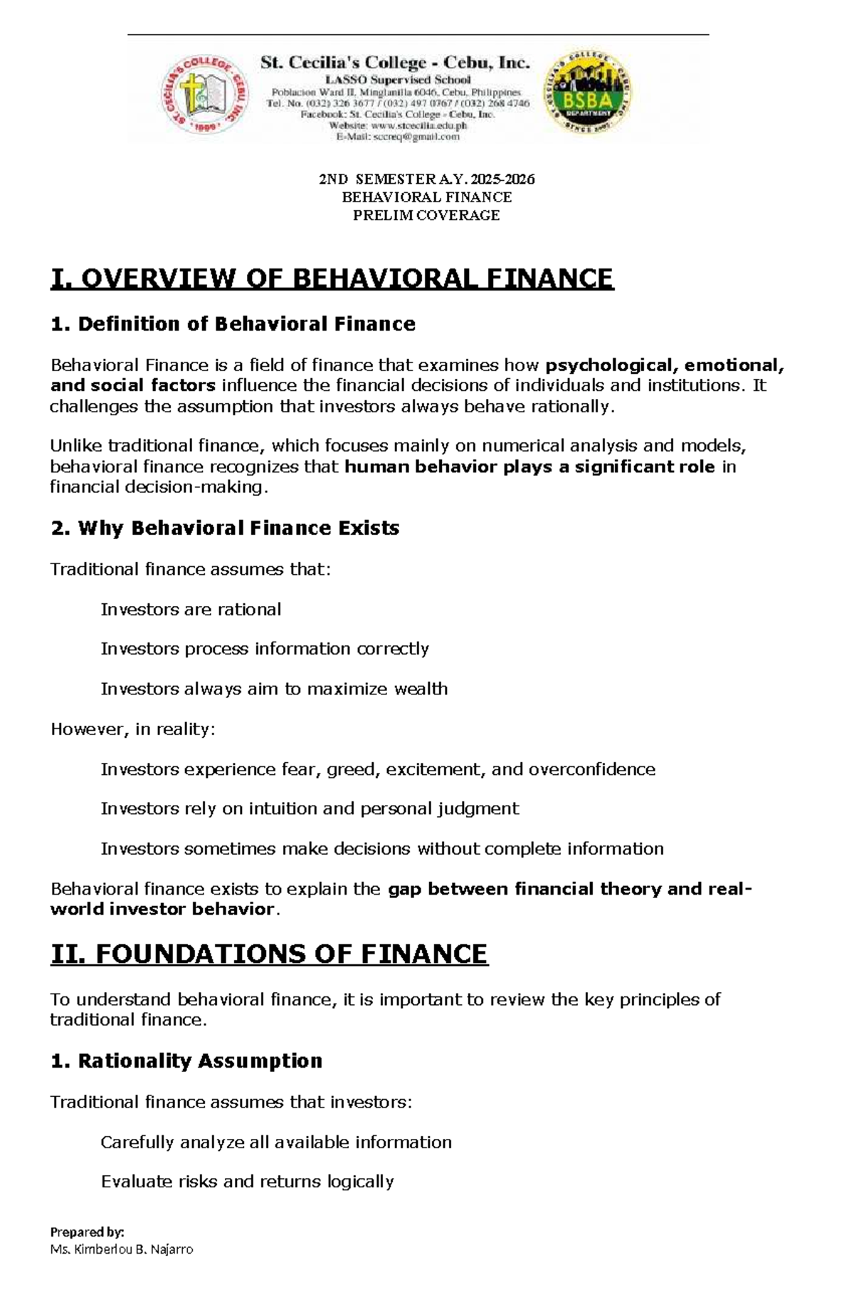BEHAVIORAL FINANCE PRELIM COVERAGE: KEY CONCEPTS & ANOMALIES - Studocu