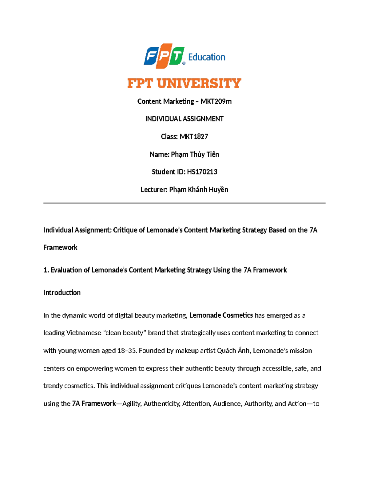 Content Marketing Strategy Critique Using 7A Framework - MKT209m - Studocu