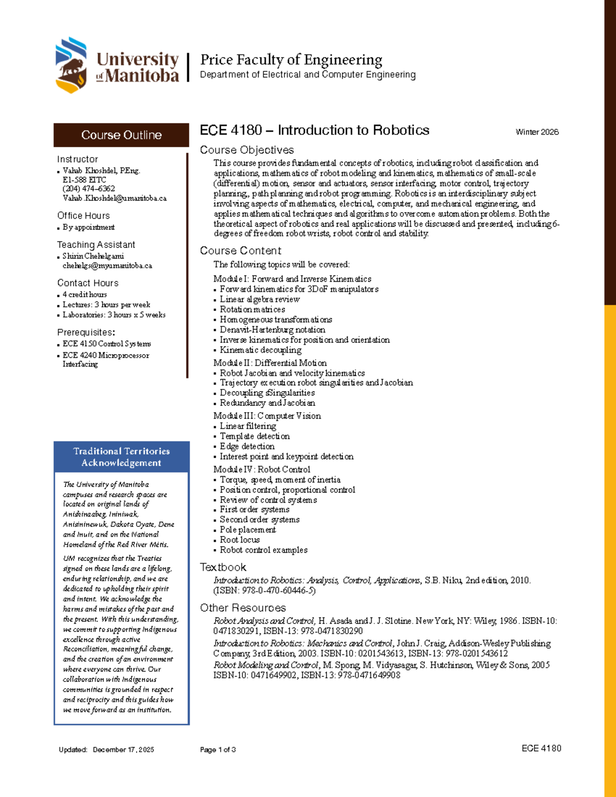 ECE 4180 Course Outline: Introduction to Robotics Winter 2026 - Studocu