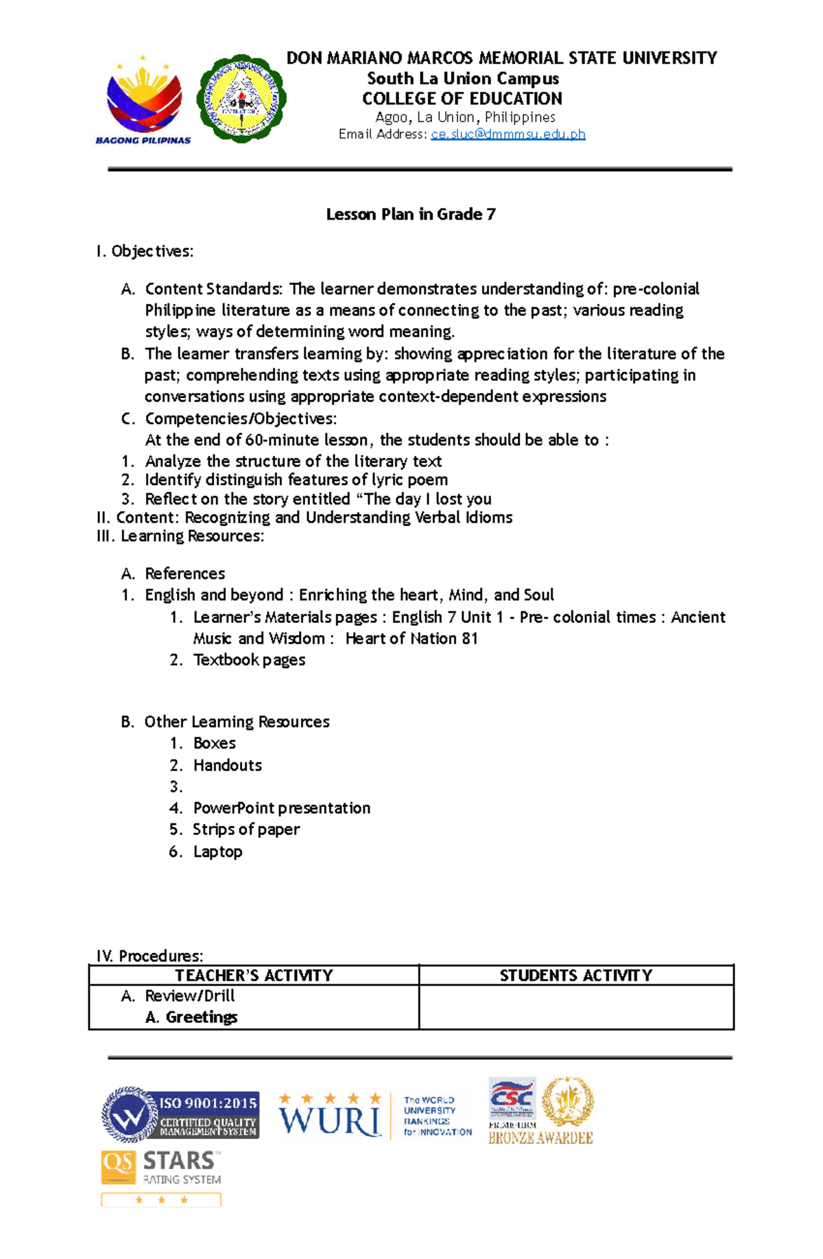 Lesson Plan for Grade 7: Exploring Lyric Poetry and Emotions - Studocu