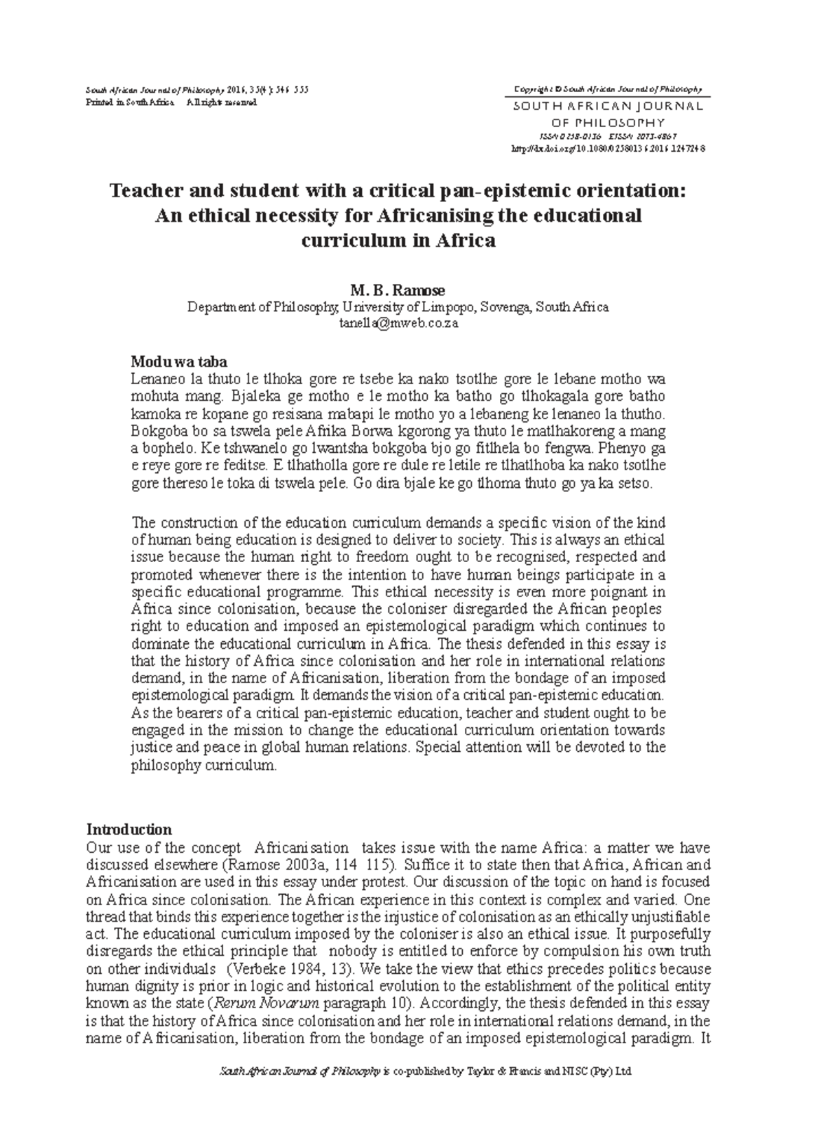 Critical Pan-Epistemic Education: Africanising the Curriculum in Africa ...
