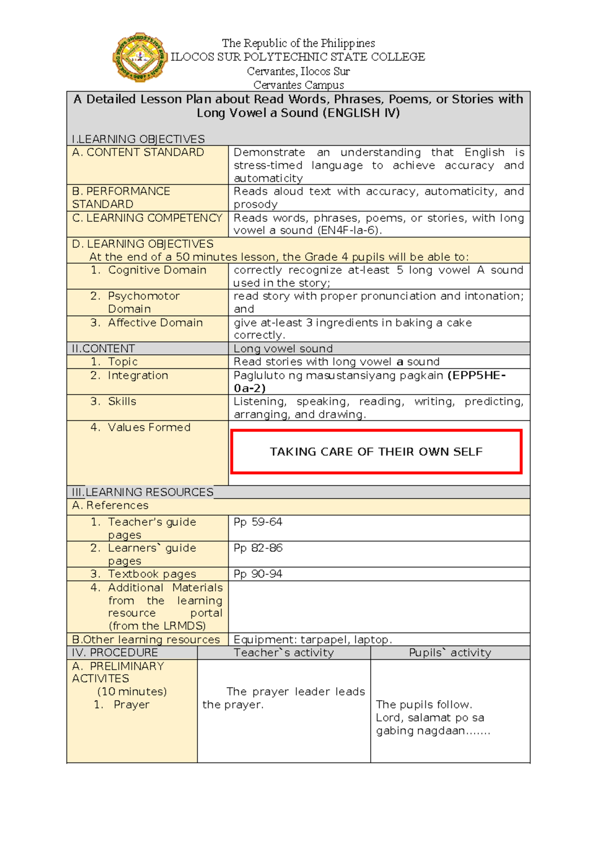 EN4 - Detailed Lesson Plan on Long Vowel A Sound for Grade 4 - Studocu