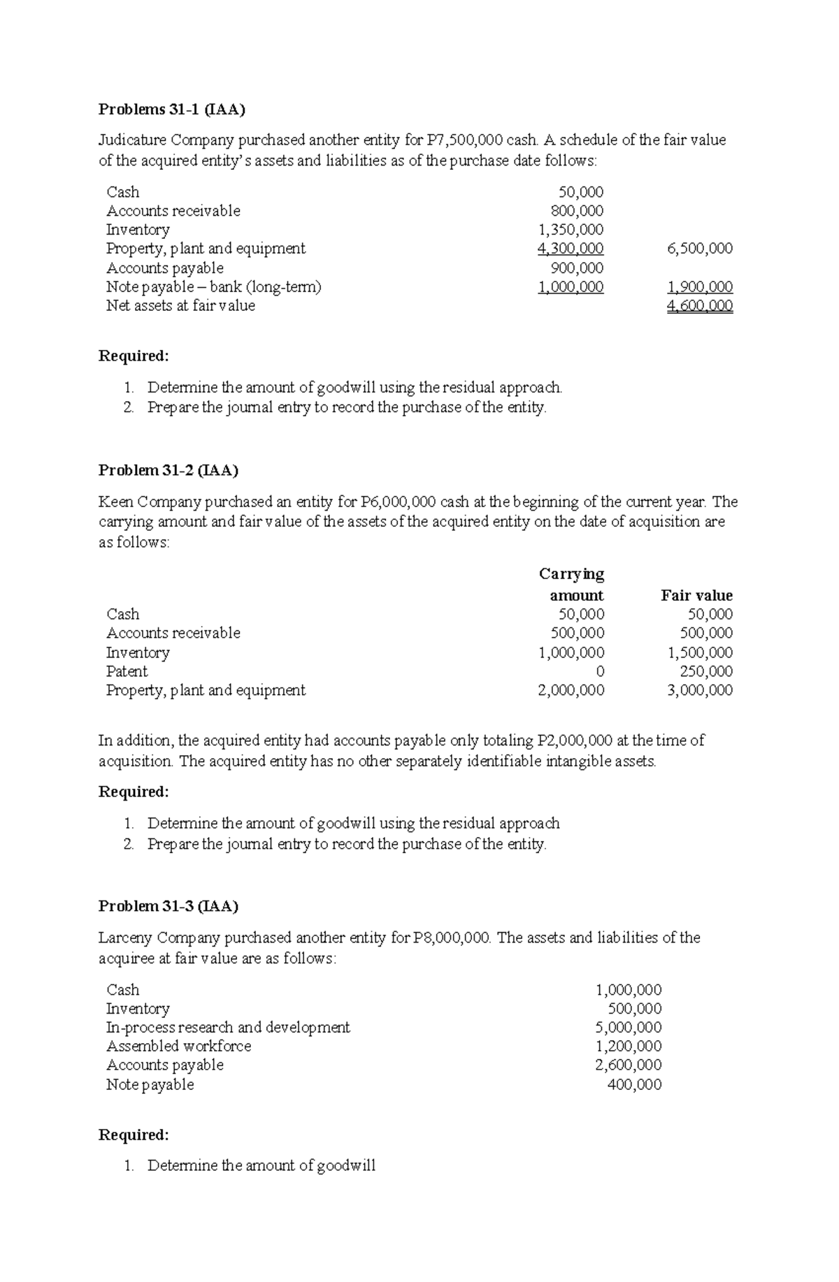 IAA Problems: Goodwill Calculations and Journal Entries - Studocu