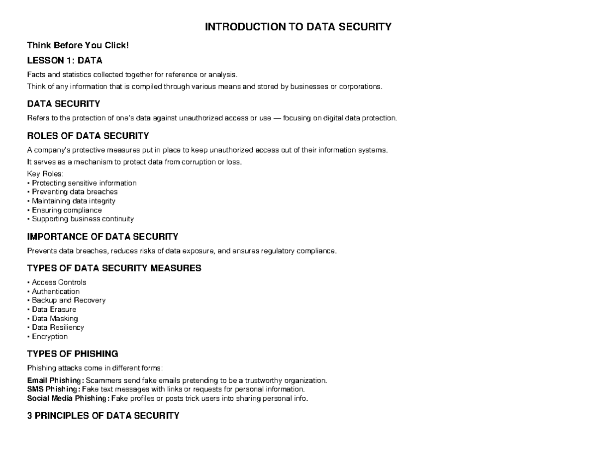 IT32E23C111e2332: Lesson 1 - Introduction to Data Security - Studocu