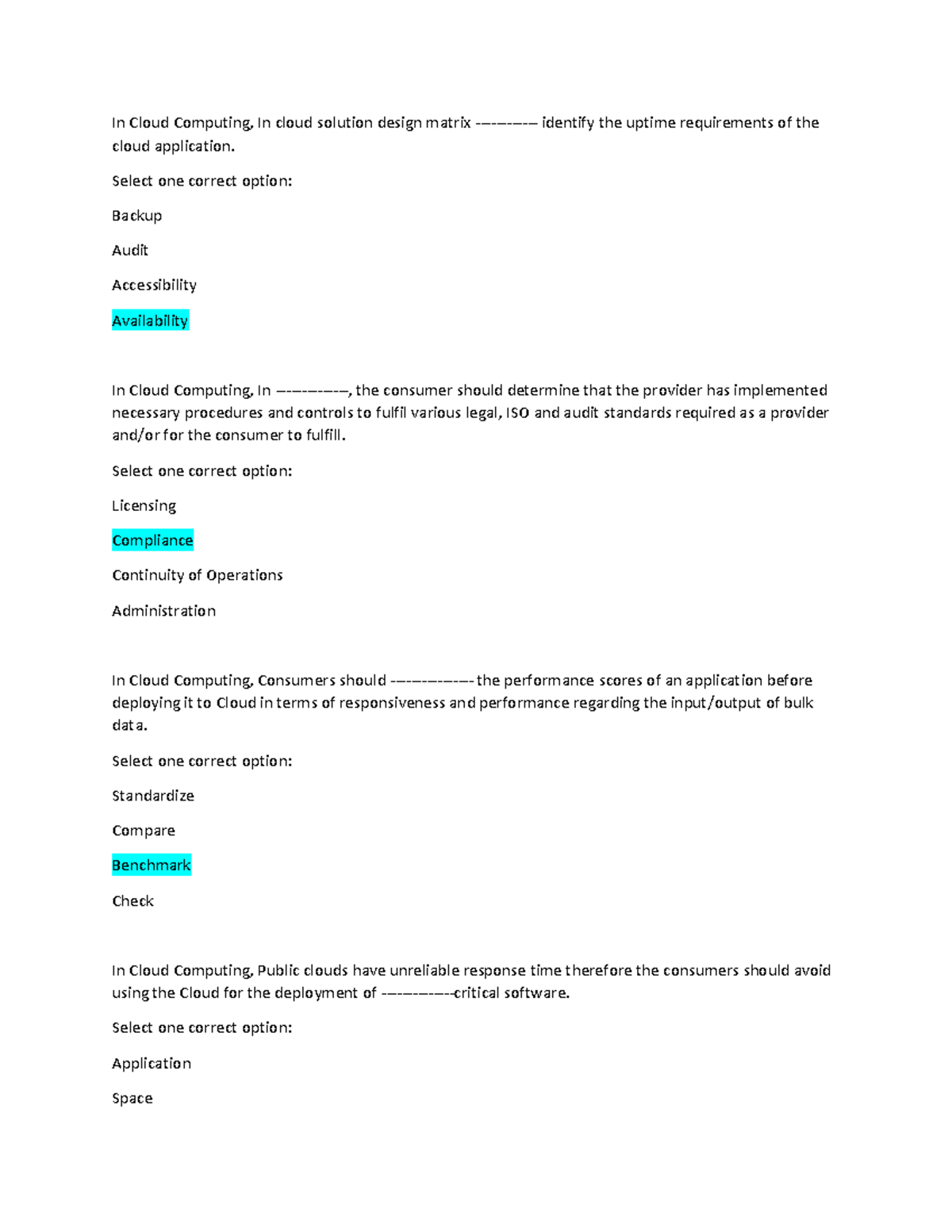 CS435 Quiz 4: Key Concepts in Cloud Computing Solutions - Studocu