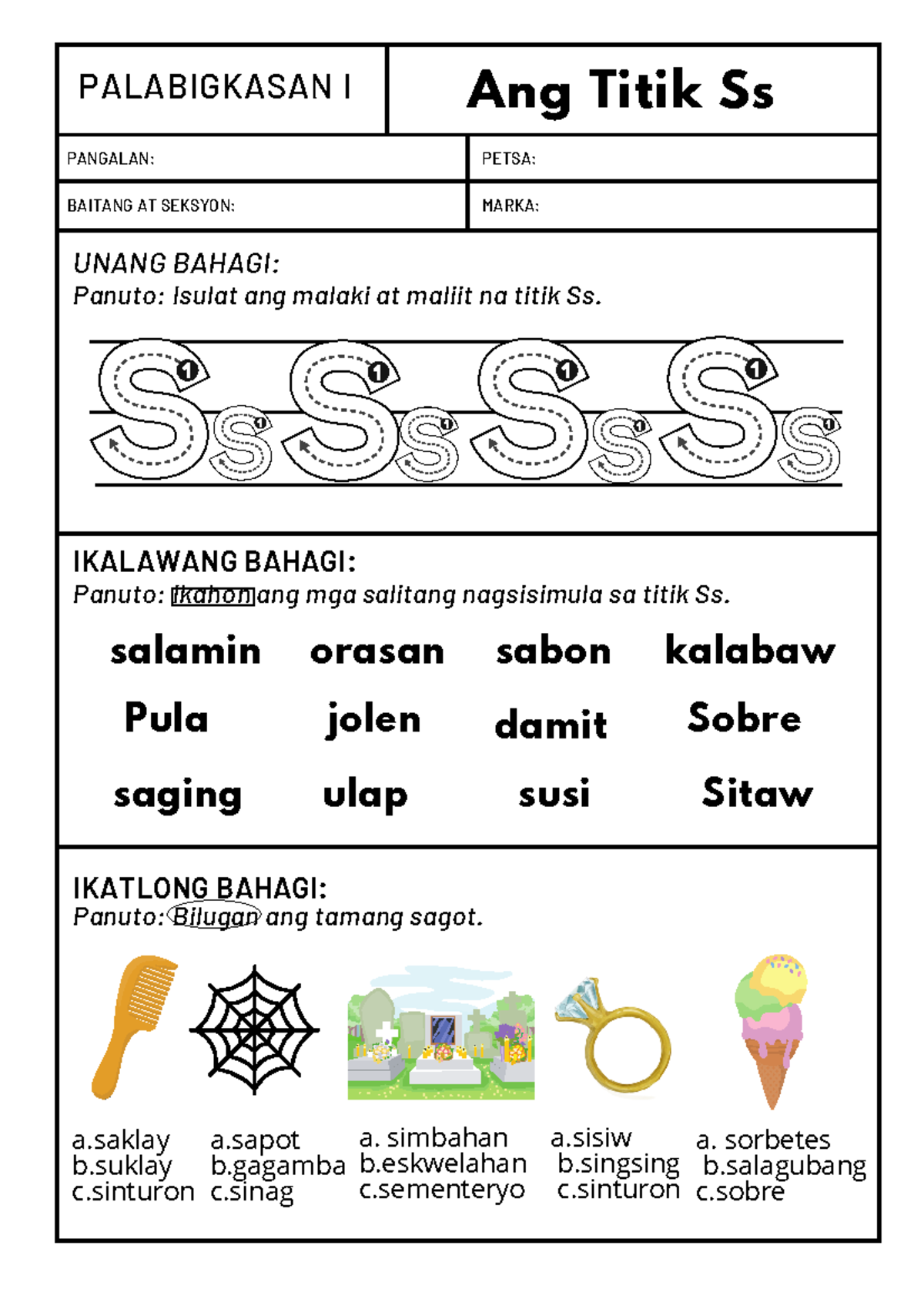 Titik S Worksheet WITH Answer KEY - Ang Titik Ss a b c a b c a ...