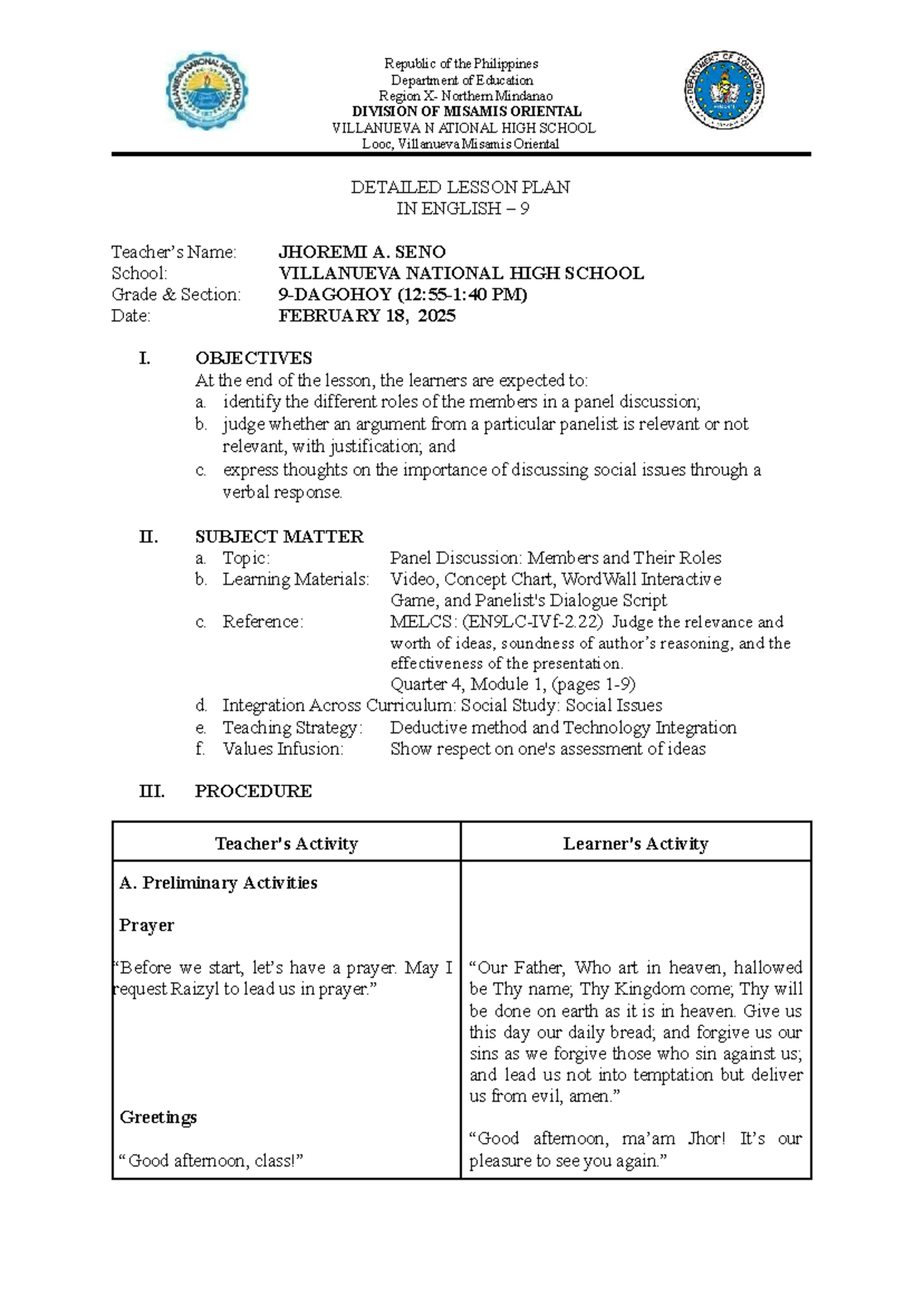 Detailed Lesson Plan in English 9: Panel Discussion Roles - Studocu
