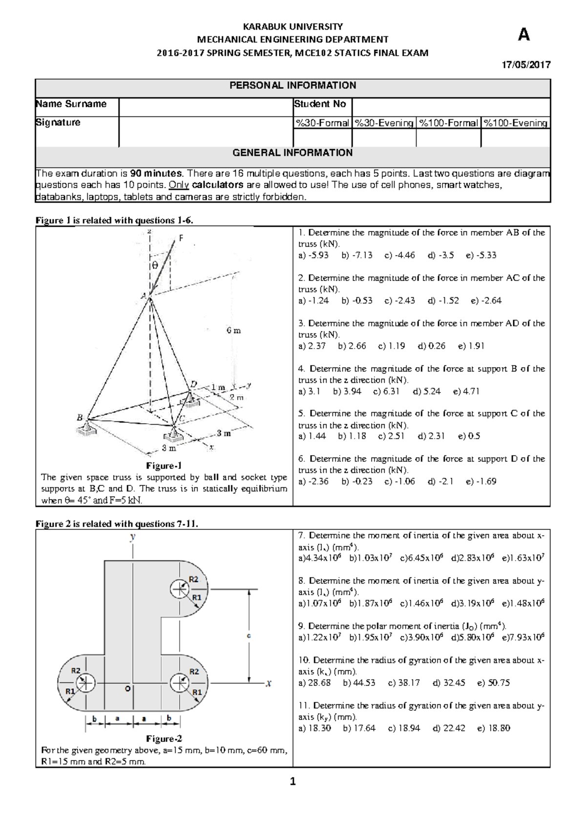 MCE102 Statics 2016-2017 Spring Final Exam Key and Solutions - Studocu