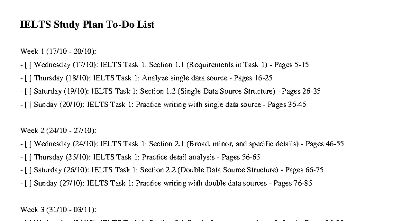 IELTS Study Plan: Weekly Tasks & Practice Schedule - Studocu